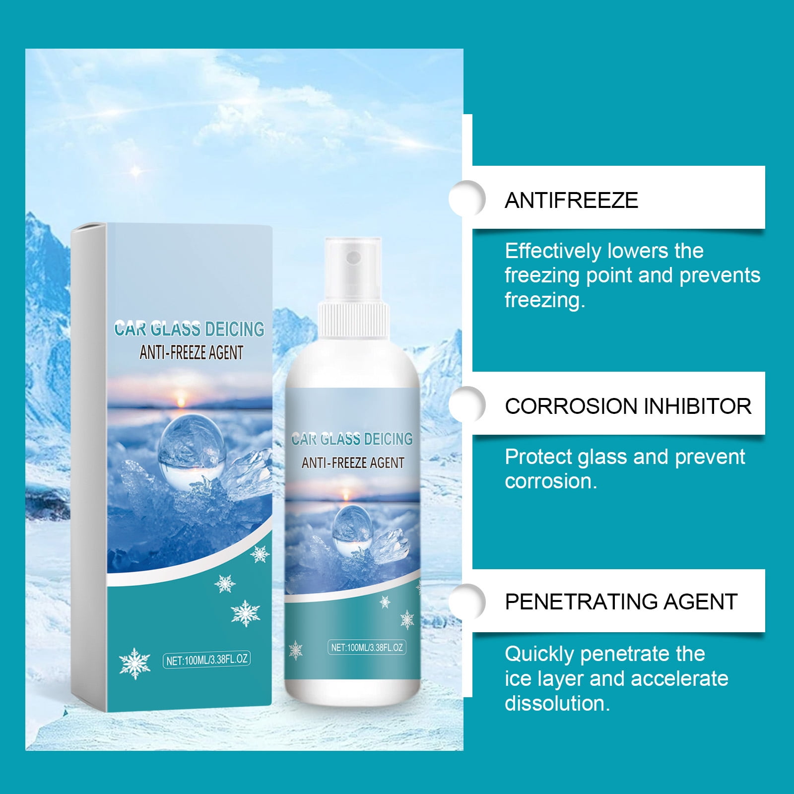 Car Windshield Deicing Antifreeze Spray 100ML, Ice Melt Defogger and ...