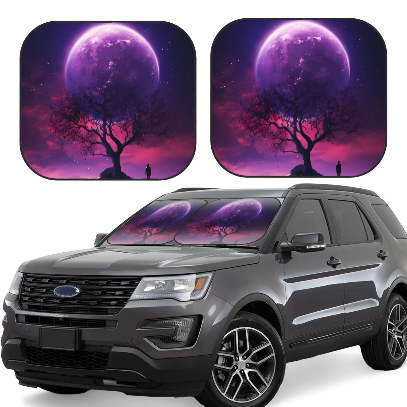 Car Windshield Sun Shade - Artistic Purple Starry Sky Tree Foldable Car ...