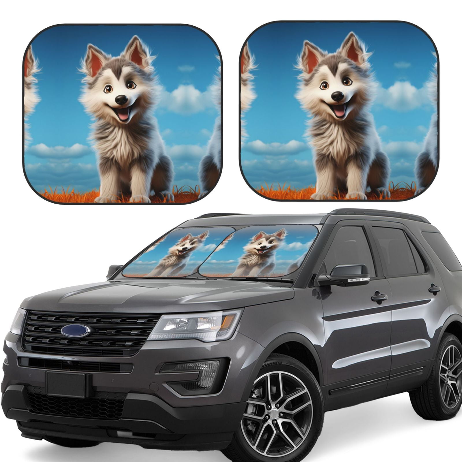 Car Windshield Sun Shade - Blue Sky Cute Wolf Foldable Car Sun Shade ...