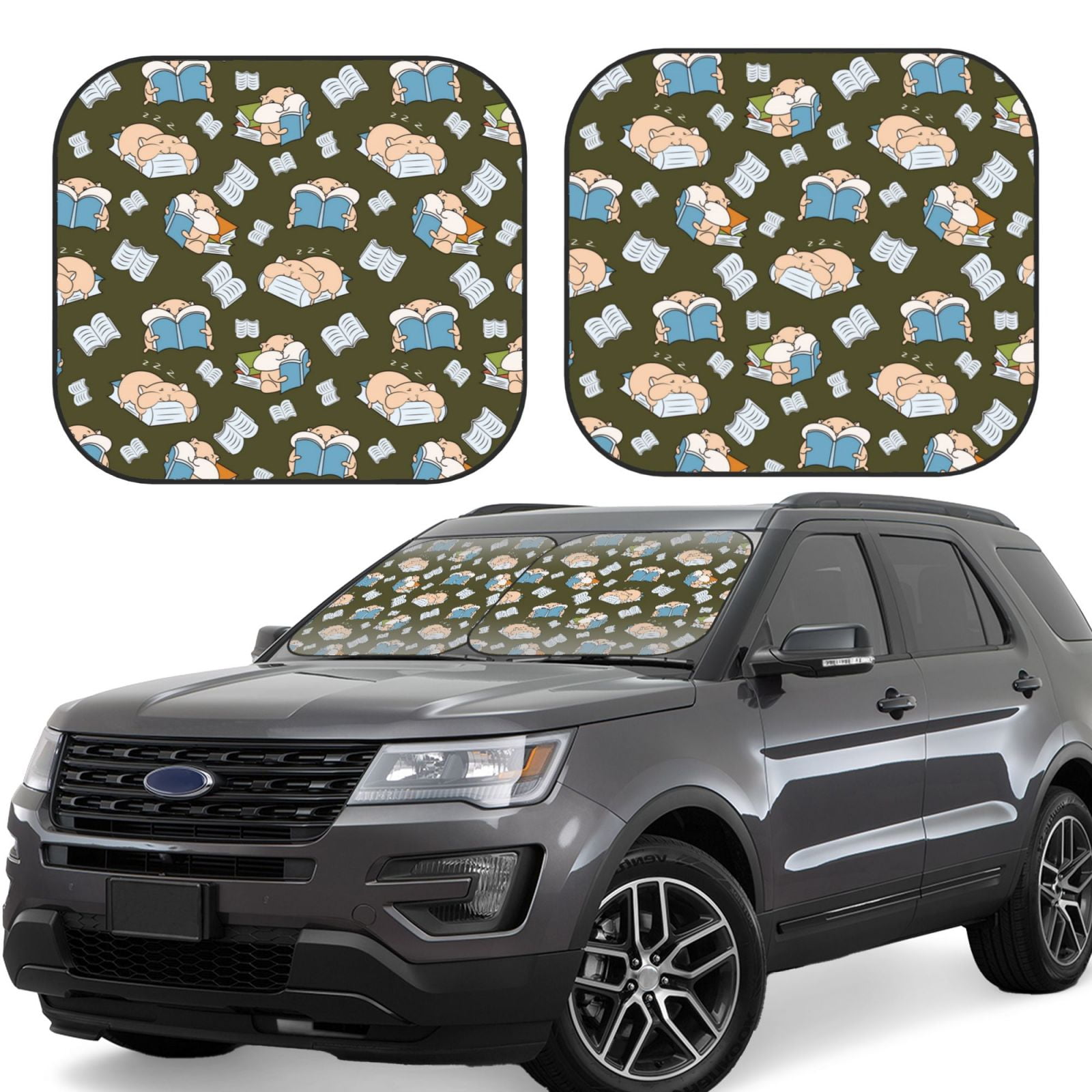 Car Windshield Sun Shade - Cartoon Cute Hamster Reading Foldable Car ...
