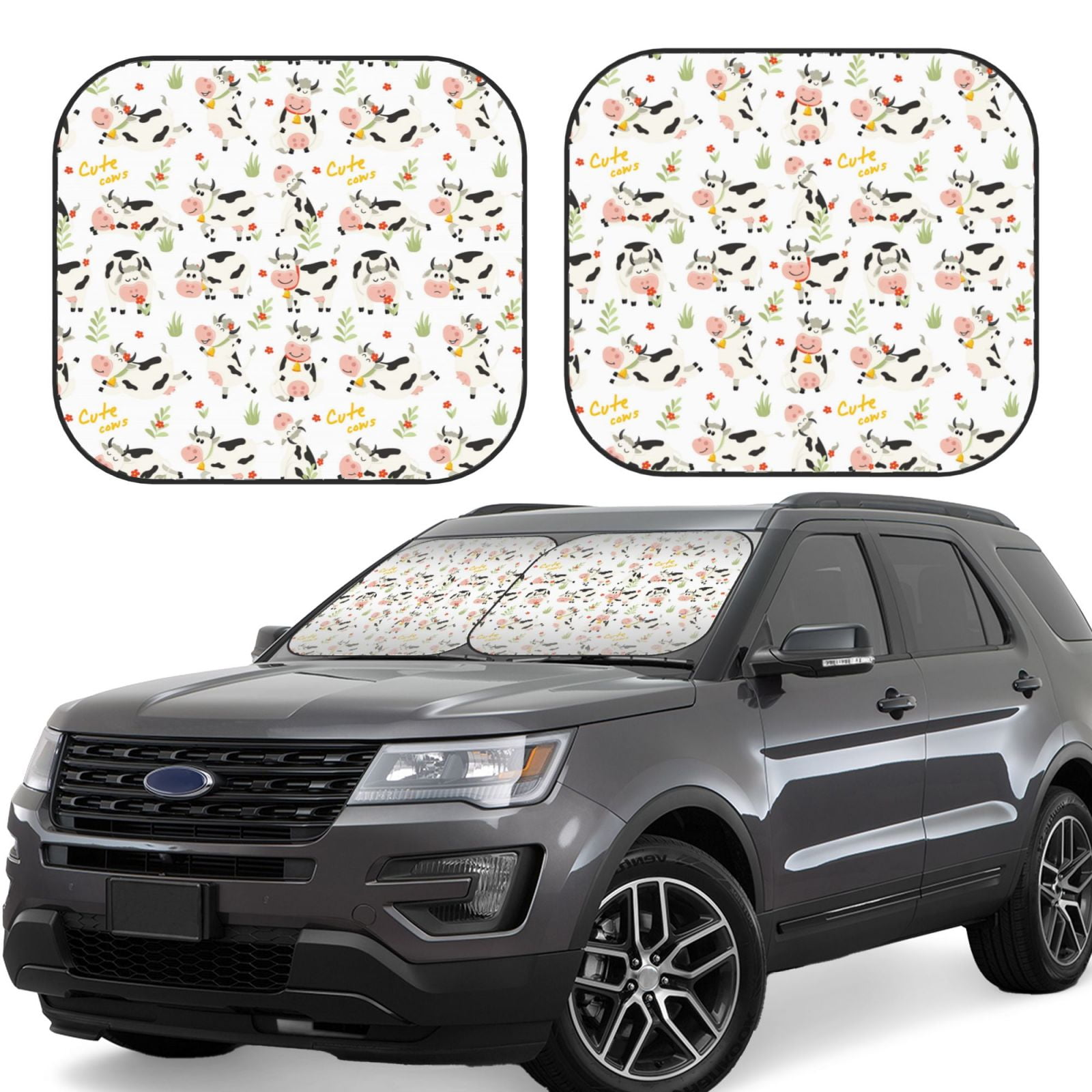 Car Windshield Sun Shade - Cartoon Funny Cute Cow Flower White Foldable ...