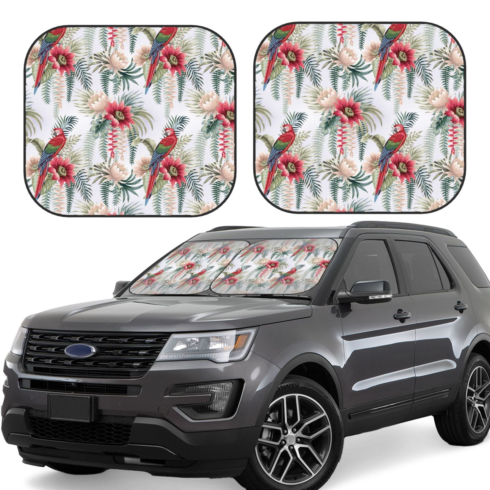 Car Windshield Sun Shade - Cute Parrot Flowers Palm Leaves Foldable Car ...