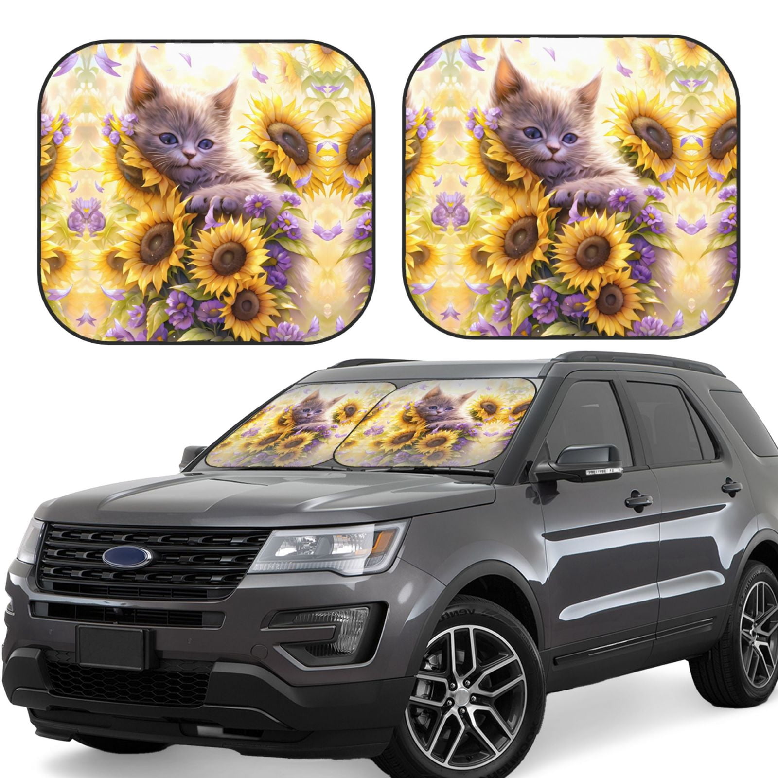 Car Windshield Sun Shade - Daisy Sunflower Lazy Cat Foldable Car Sun ...