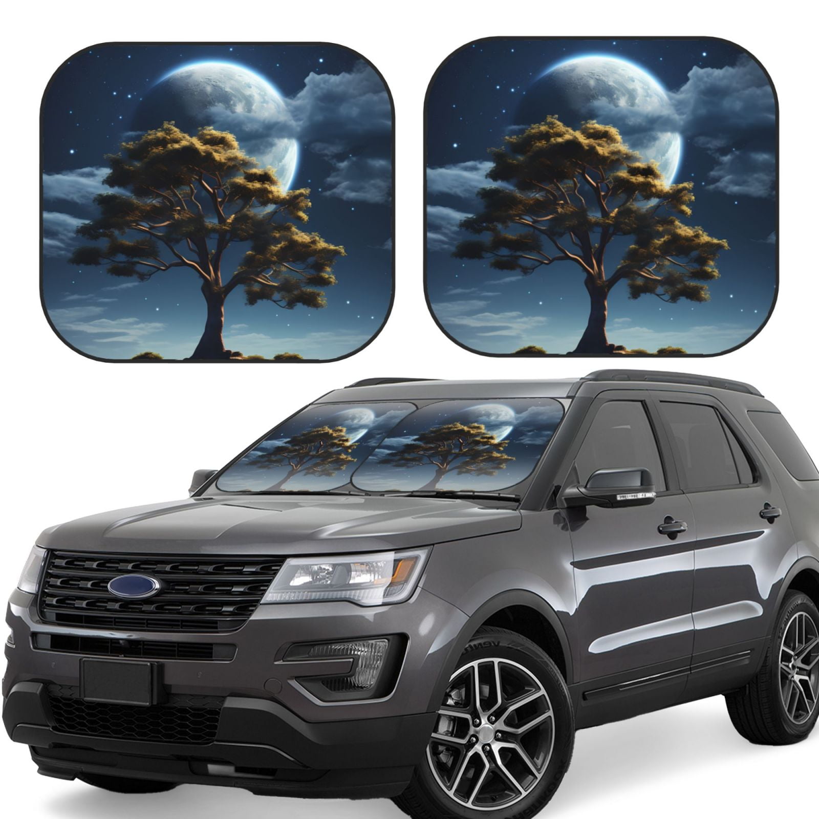 Car Windshield Sun Shade - Deep Blue Starry Sky Moon Tree Foldable Car ...