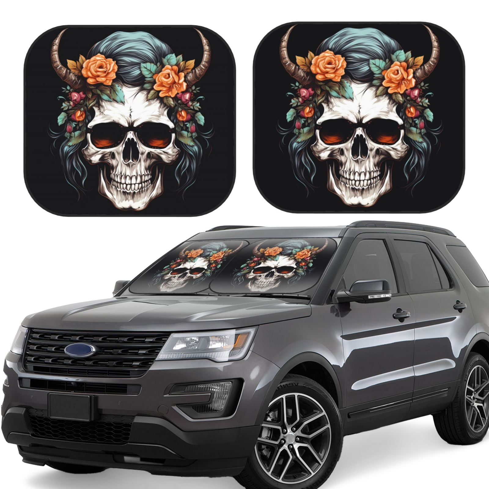 Car Windshield Sun Shade - Flower Horn Skull Foldable Car Sun Shade ...