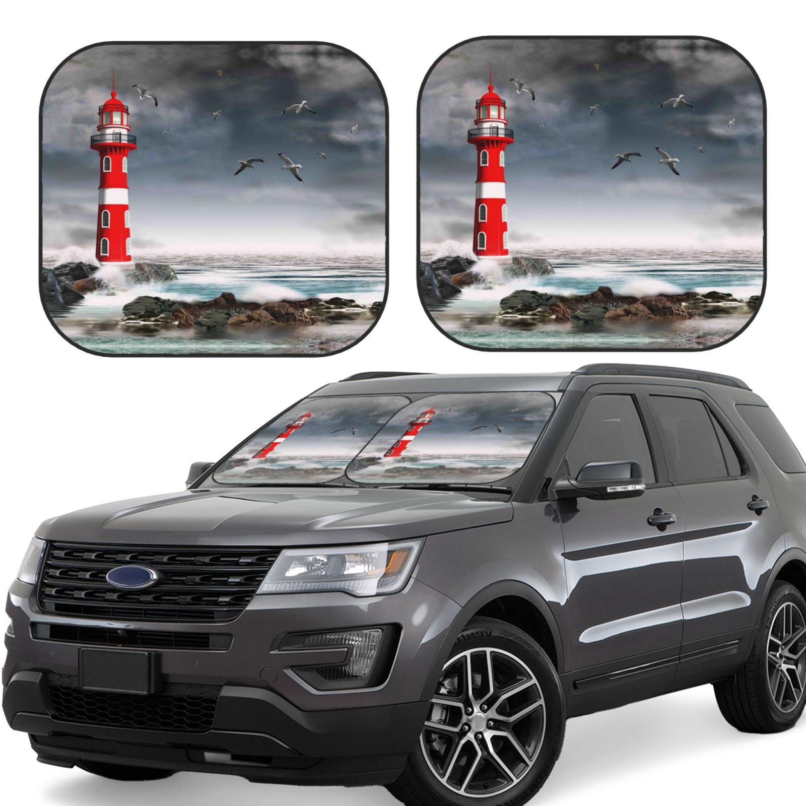 Car Windshield Sun Shade Foldable, 3d Lighthouse in the Surf 2 Piece ...