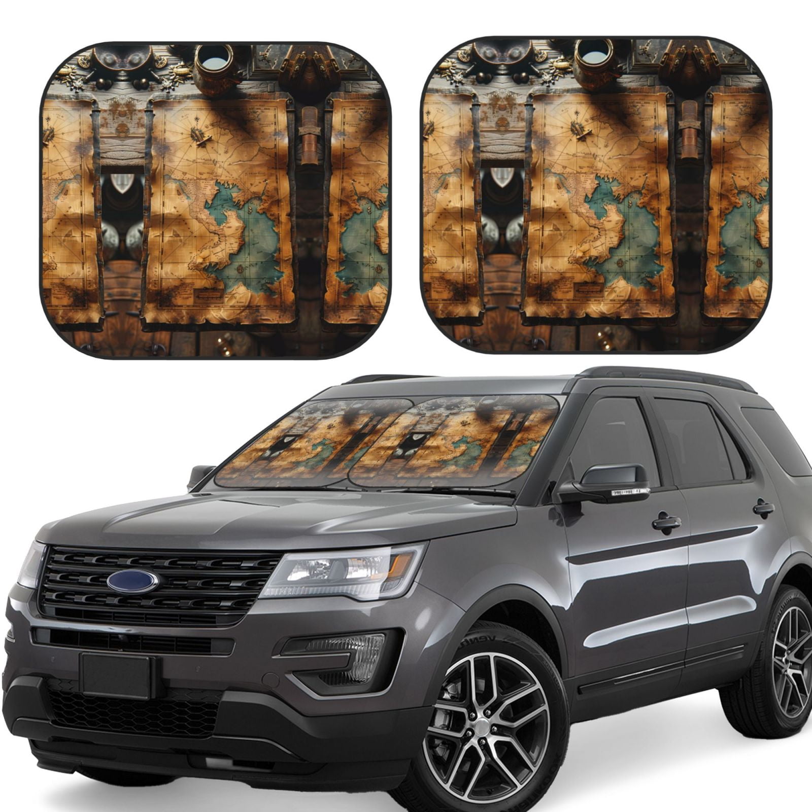 Car Windshield Sun Shade Foldable, Antique Map Adventure Scene 2 Piece ...