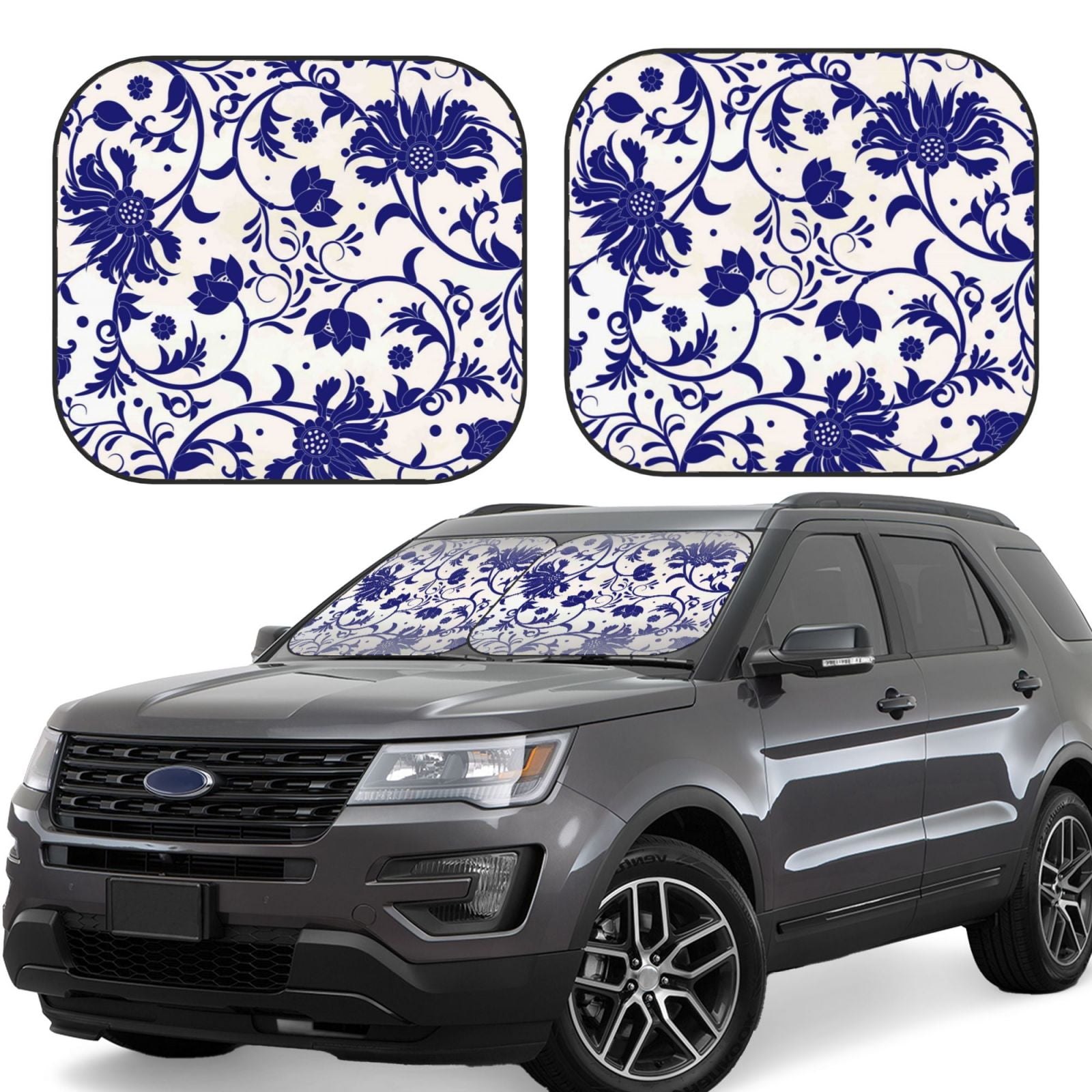 Car Windshield Sun Shade Foldable, Blue And White Porcelain 2 Piece Car ...
