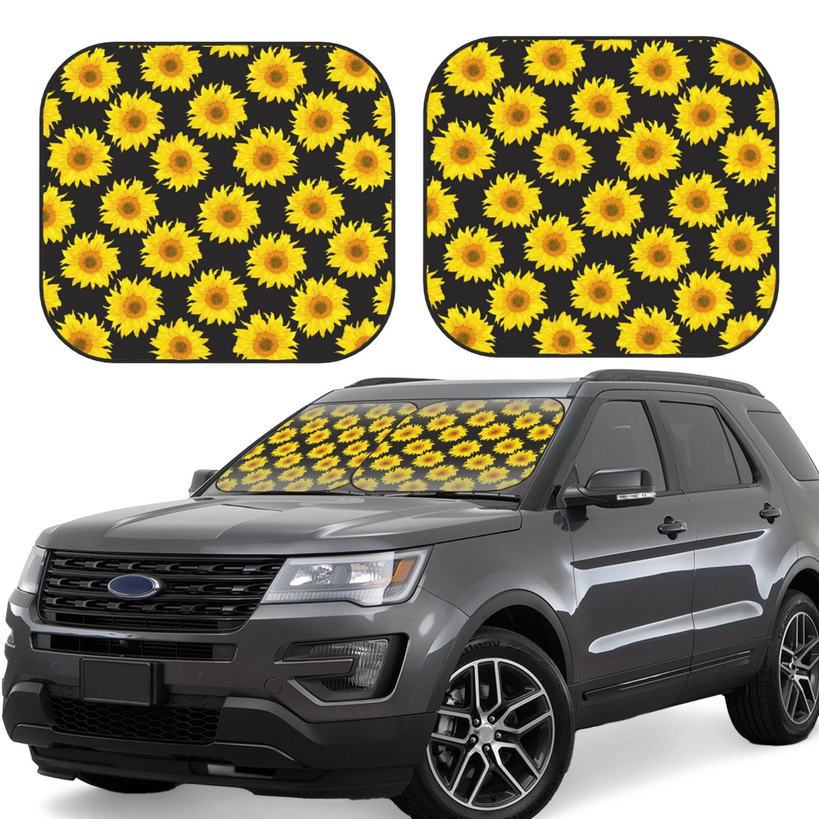 Car Windshield Sun Shade Foldable, Bright sunflowers black 2 Piece Car ...