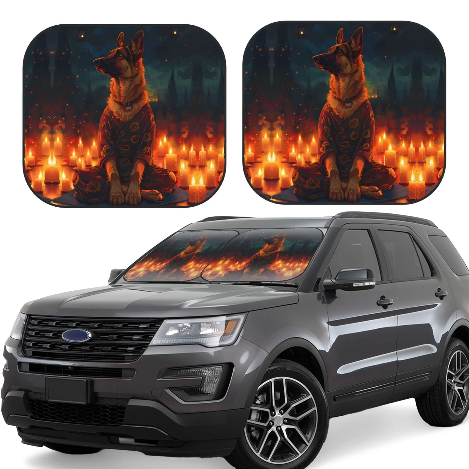 Car Windshield Sun Shade Foldable, Candle Shepherd Dog 2 Piece Car Sun ...