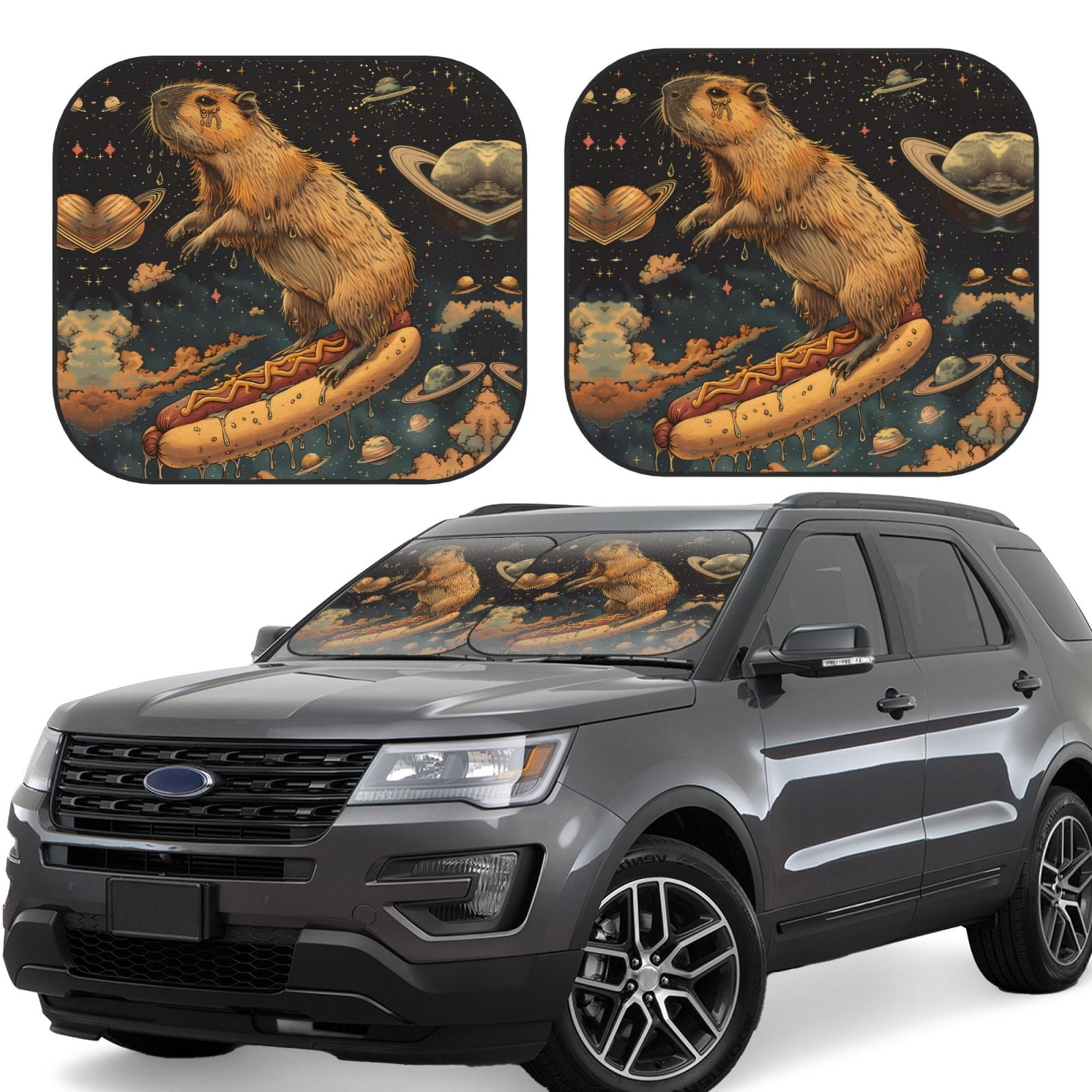 Car Windshield Sun Shade Foldable, Capybara Space Hotdog Ride 2 Piece ...