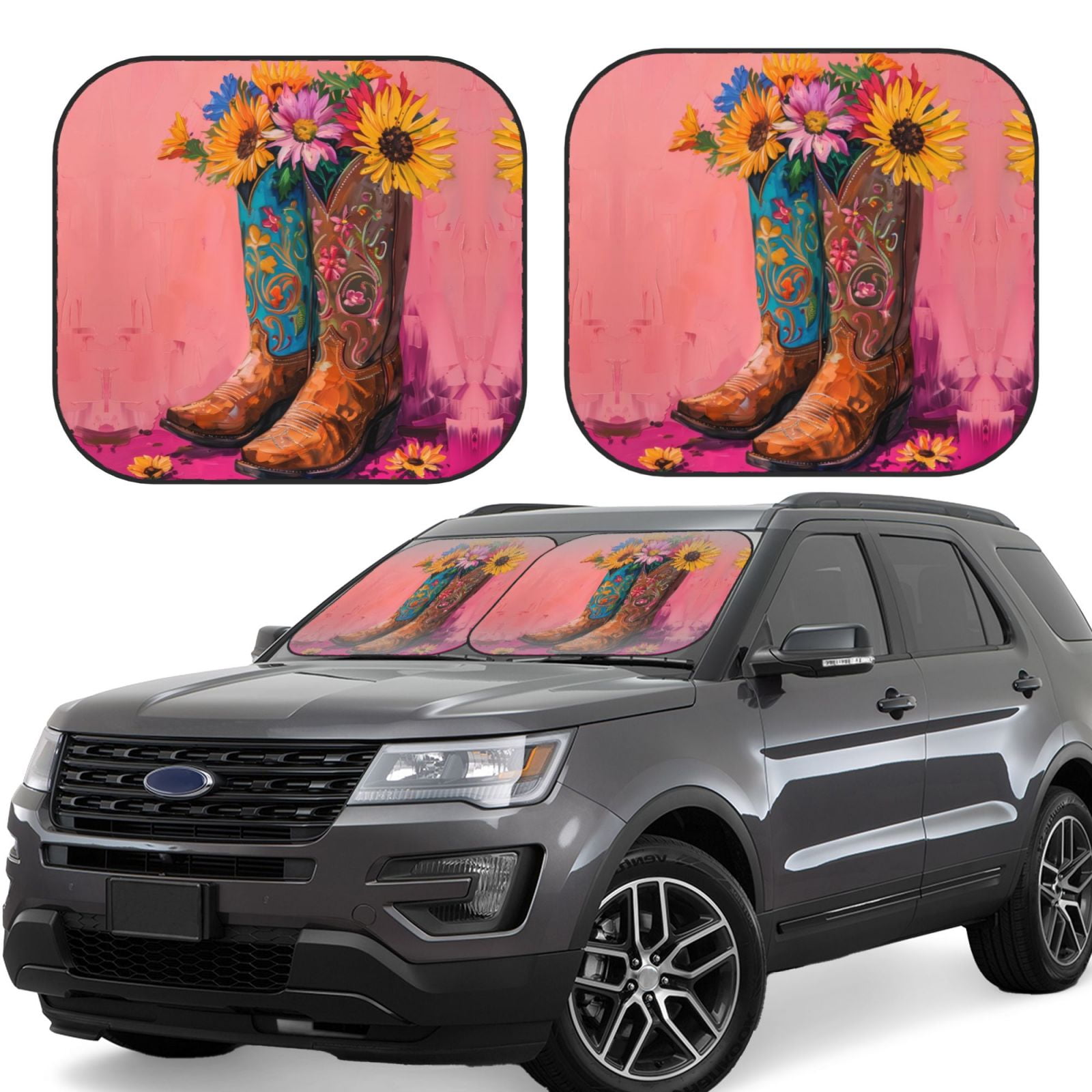 Car Windshield Sun Shade Foldable, Cowboy Boots With Flowers 2 Piece ...