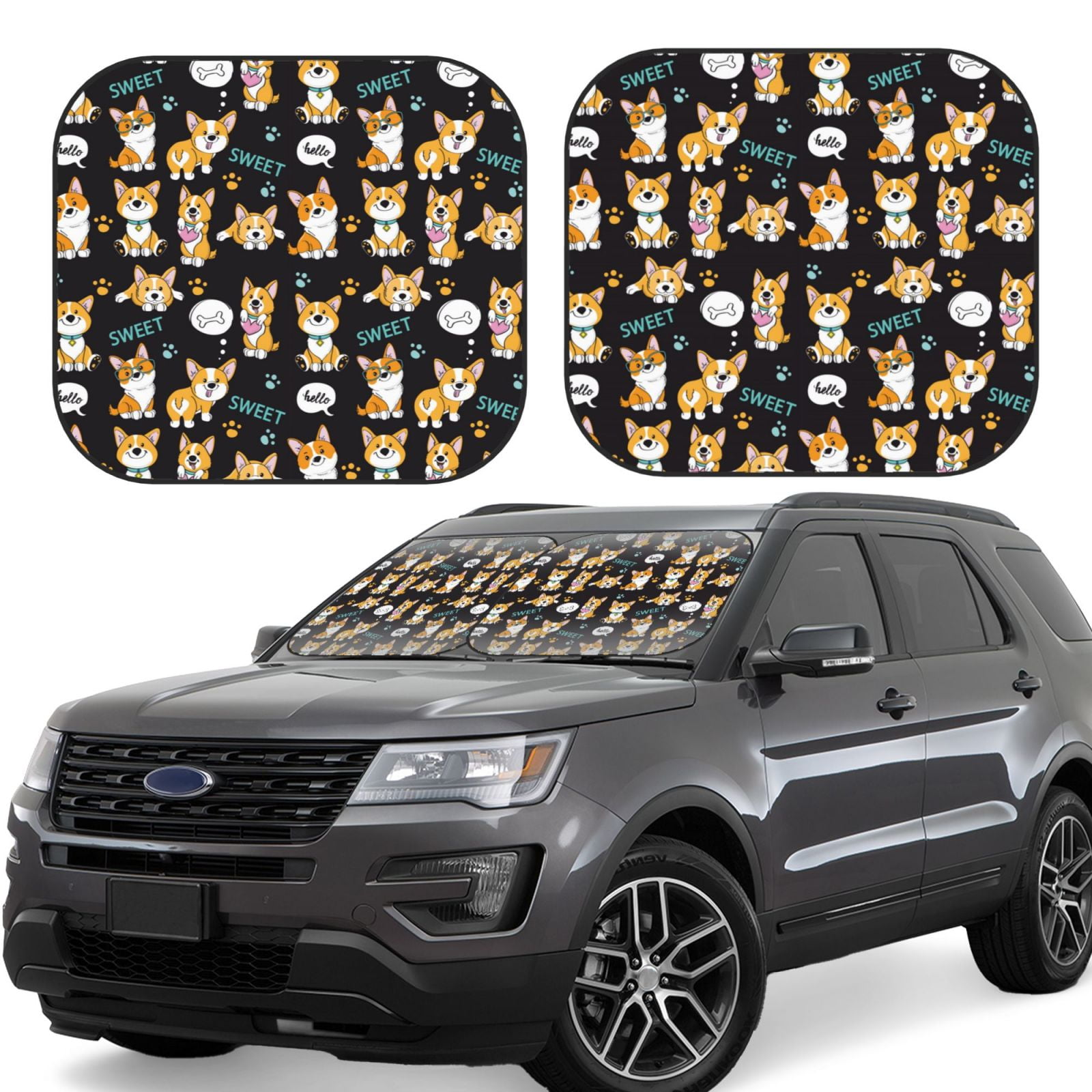 Car Windshield Sun Shade Foldable, Cute Dogs Corgi 2 Piece Car Sun ...