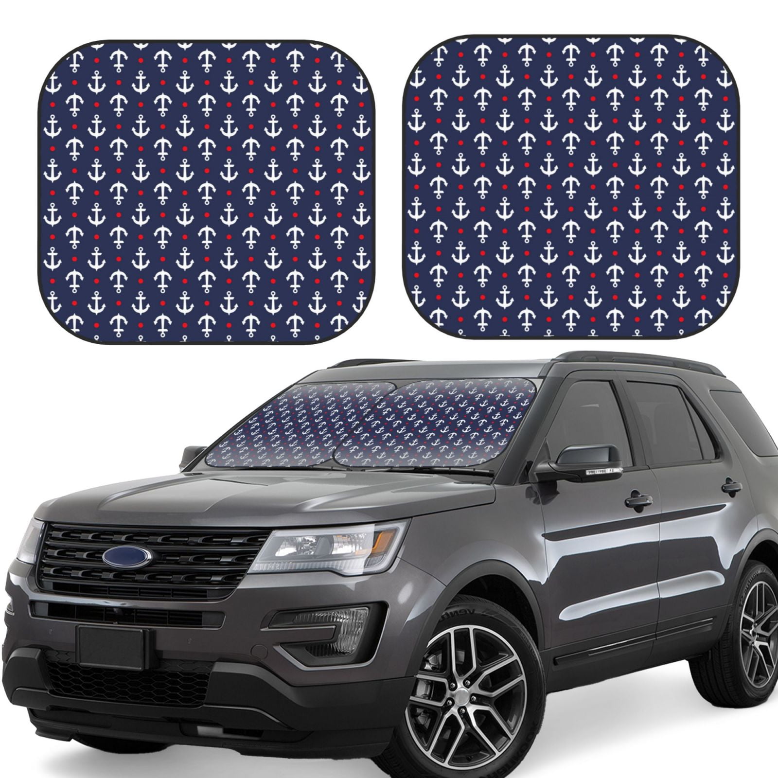Car Windshield Sun Shade Foldable, Dark blue anchors red dots 2 Piece ...