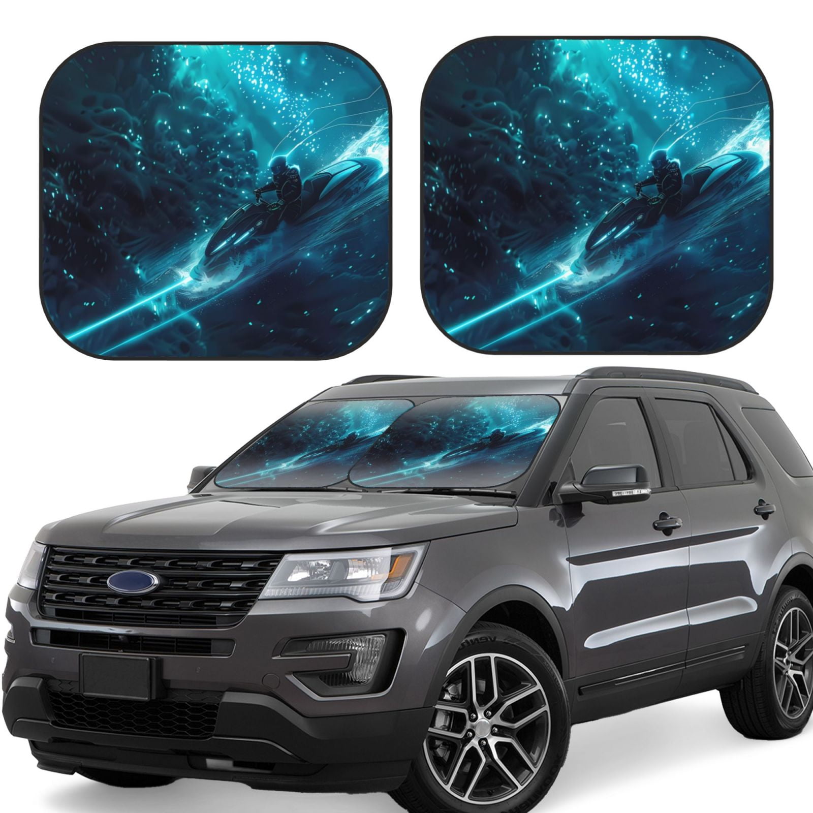 Car Windshield Sun Shade Foldable, Futuristic Jet Ski Adventure 2 Piece ...