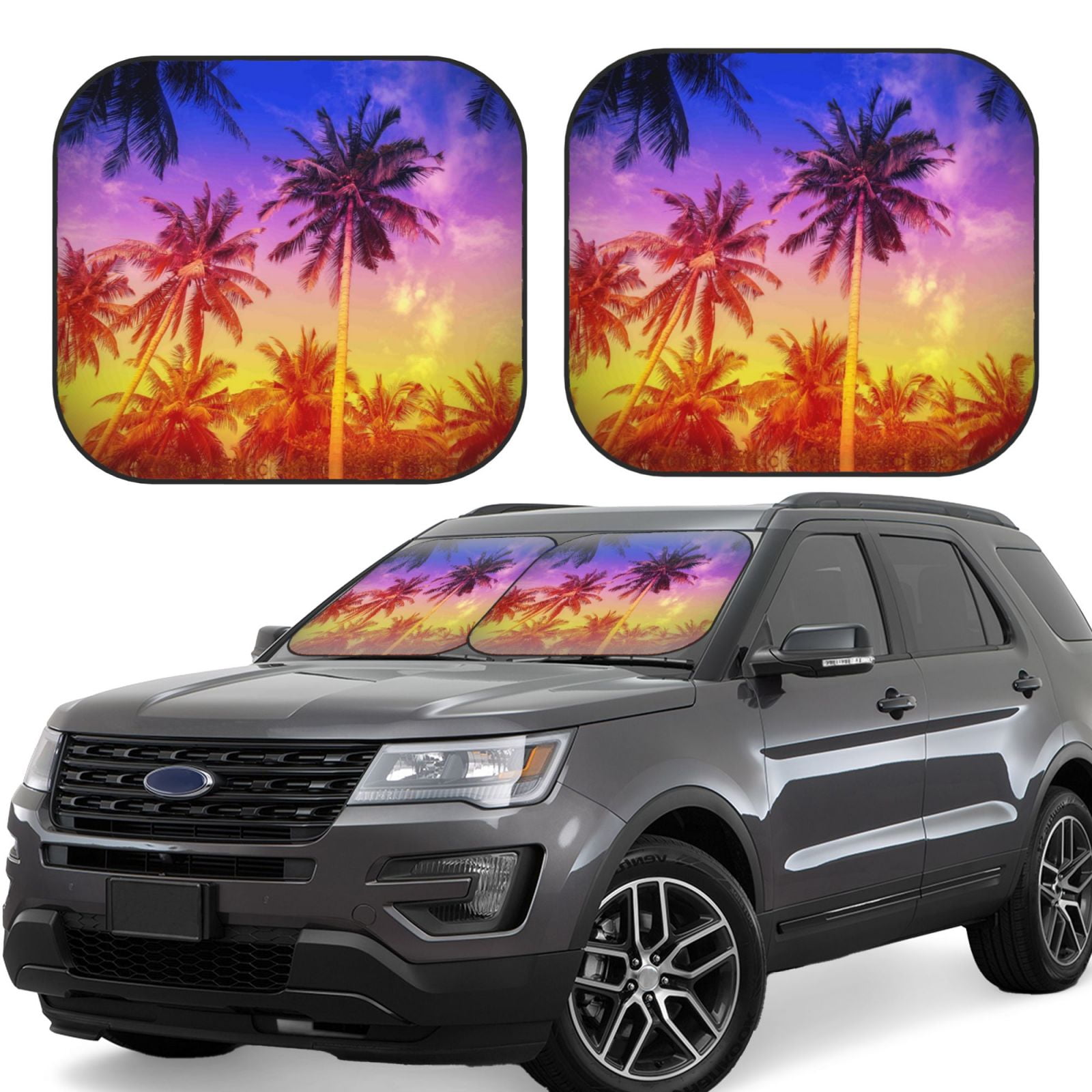 Car Windshield Sun Shade Foldable, Palm Trees at Sunset 2 Piece Car Sun ...