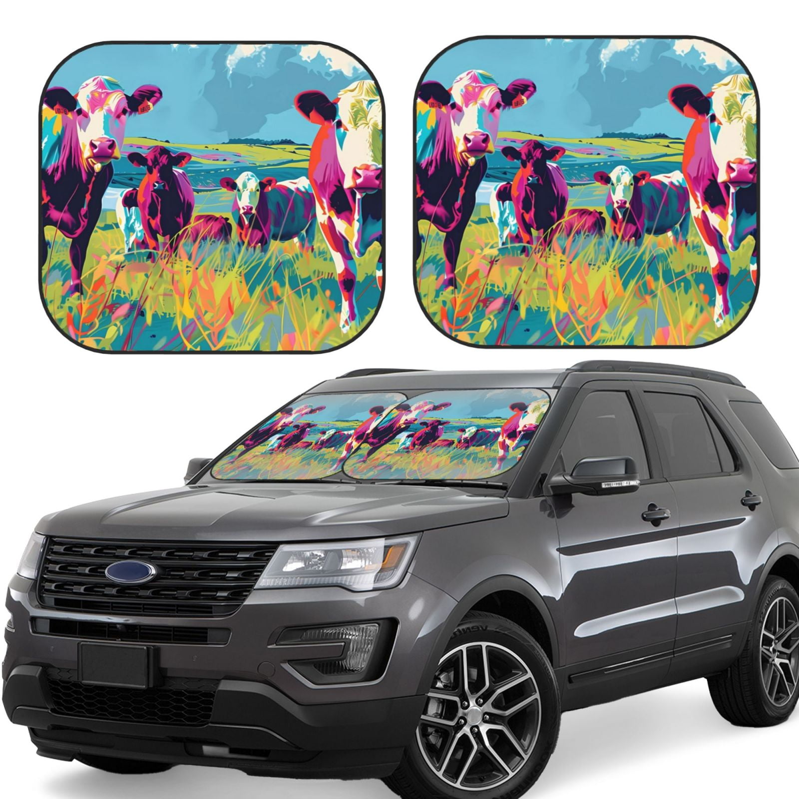 Car Windshield Sun Shade Foldable, Pop Art Colorful Cows 2 Piece Car ...
