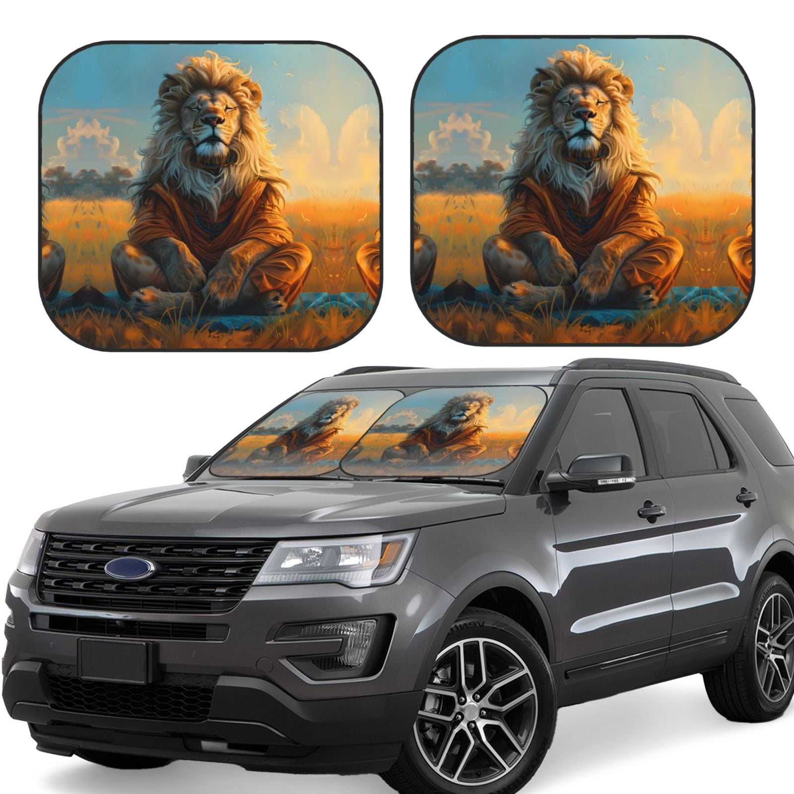 Car Windshield Sun Shade Foldable, Prairie Meditating Lion 2 Piece Car ...