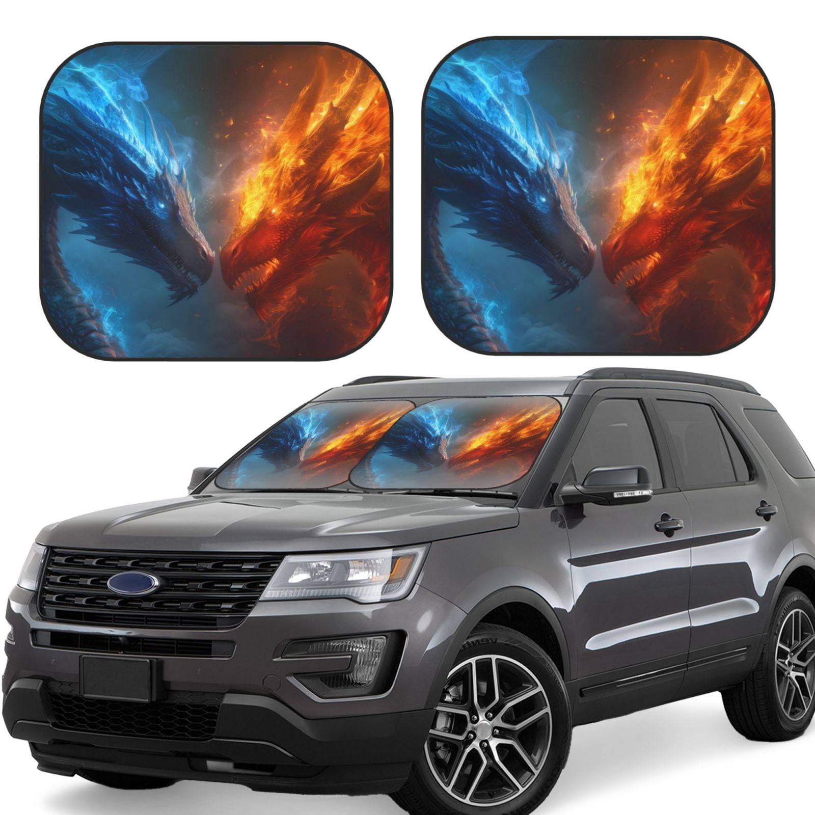 Car Windshield Sun Shade Foldable, Red and Blue Fire Dragon E 2 Piece ...