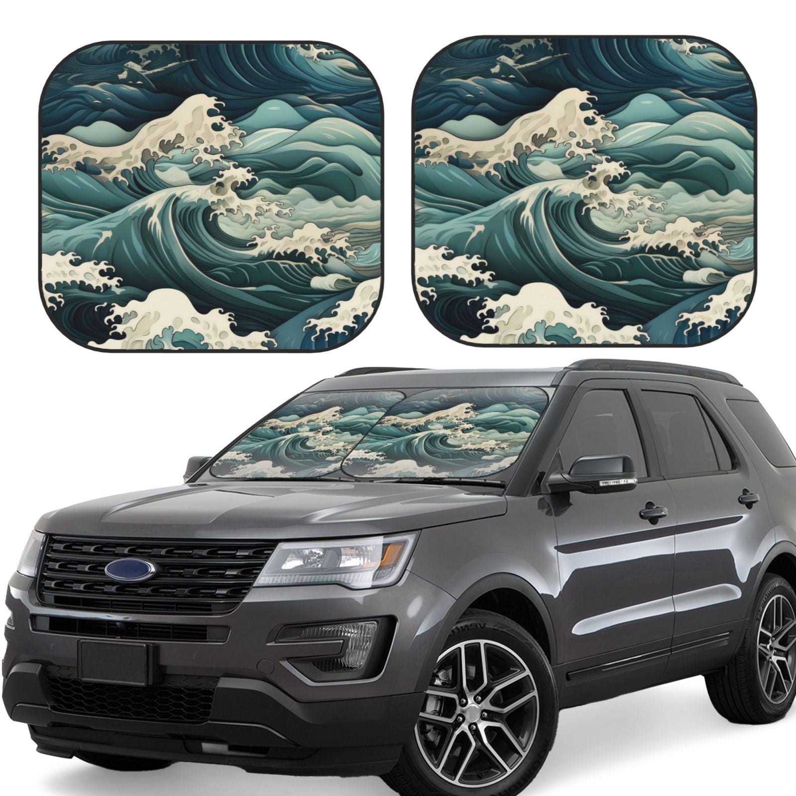 Car Windshield Sun Shade Foldable, Sea Waves Art 2 Piece Car Sun Shade ...