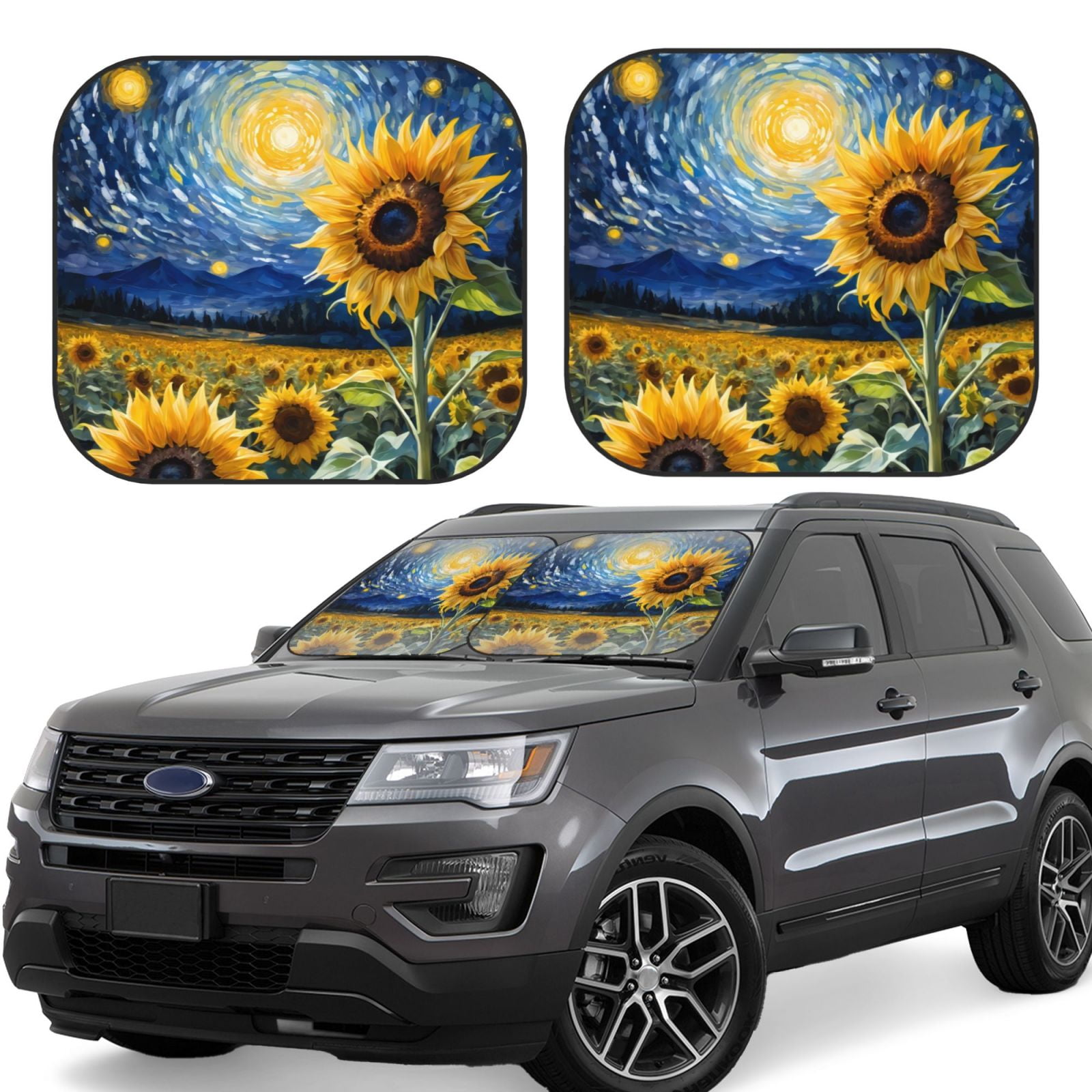 Car Windshield Sun Shade Foldable, Starry Sky Sunflower 2 Piece Car Sun ...