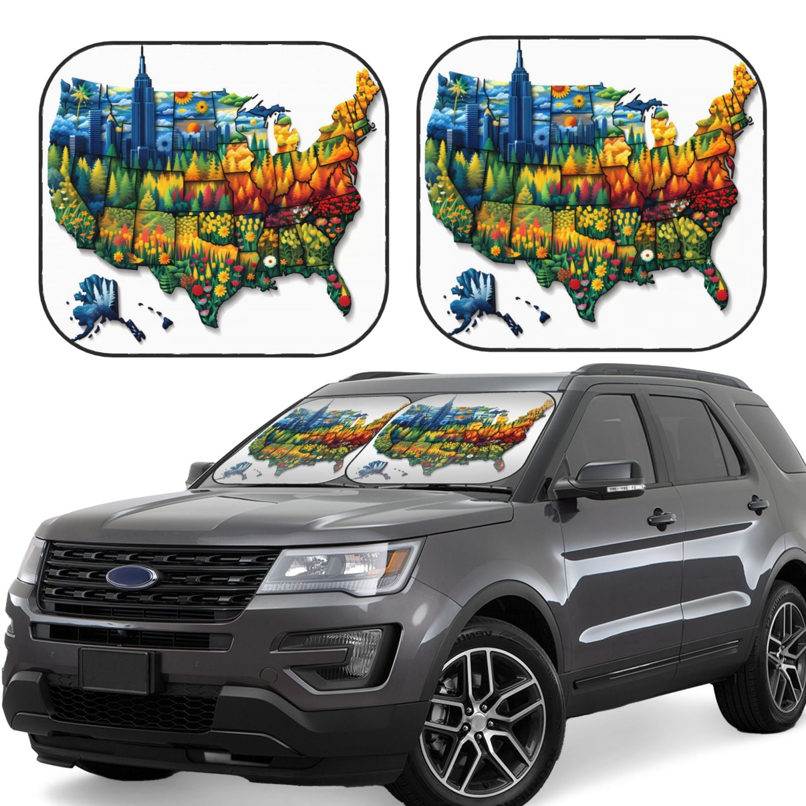 Car Windshield Sun Shade Foldable, USA Map Floral States 2 Piece Car ...