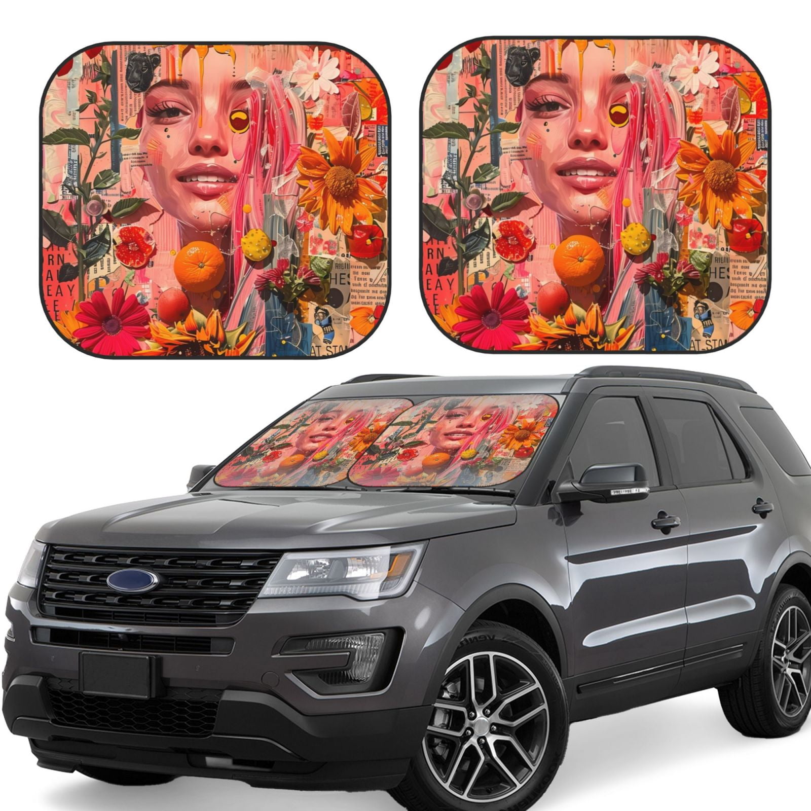 Car Windshield Sun Shade Foldable, Vibrant Floral Collage Portrait 2 ...