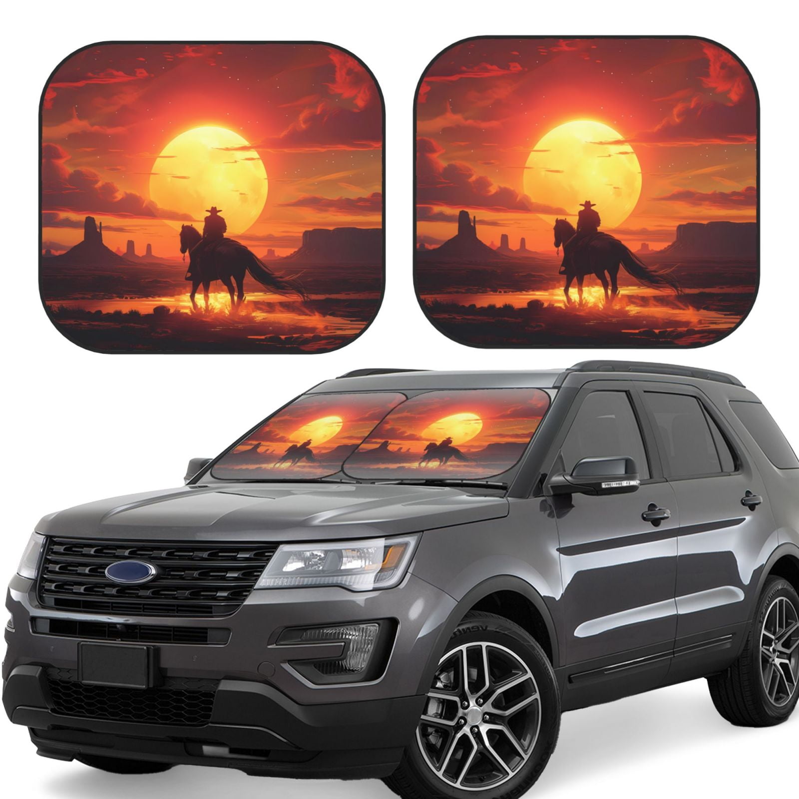 Car Windshield Sun Shade Foldable, Western Cowboy Sunset 2 Piece Car ...