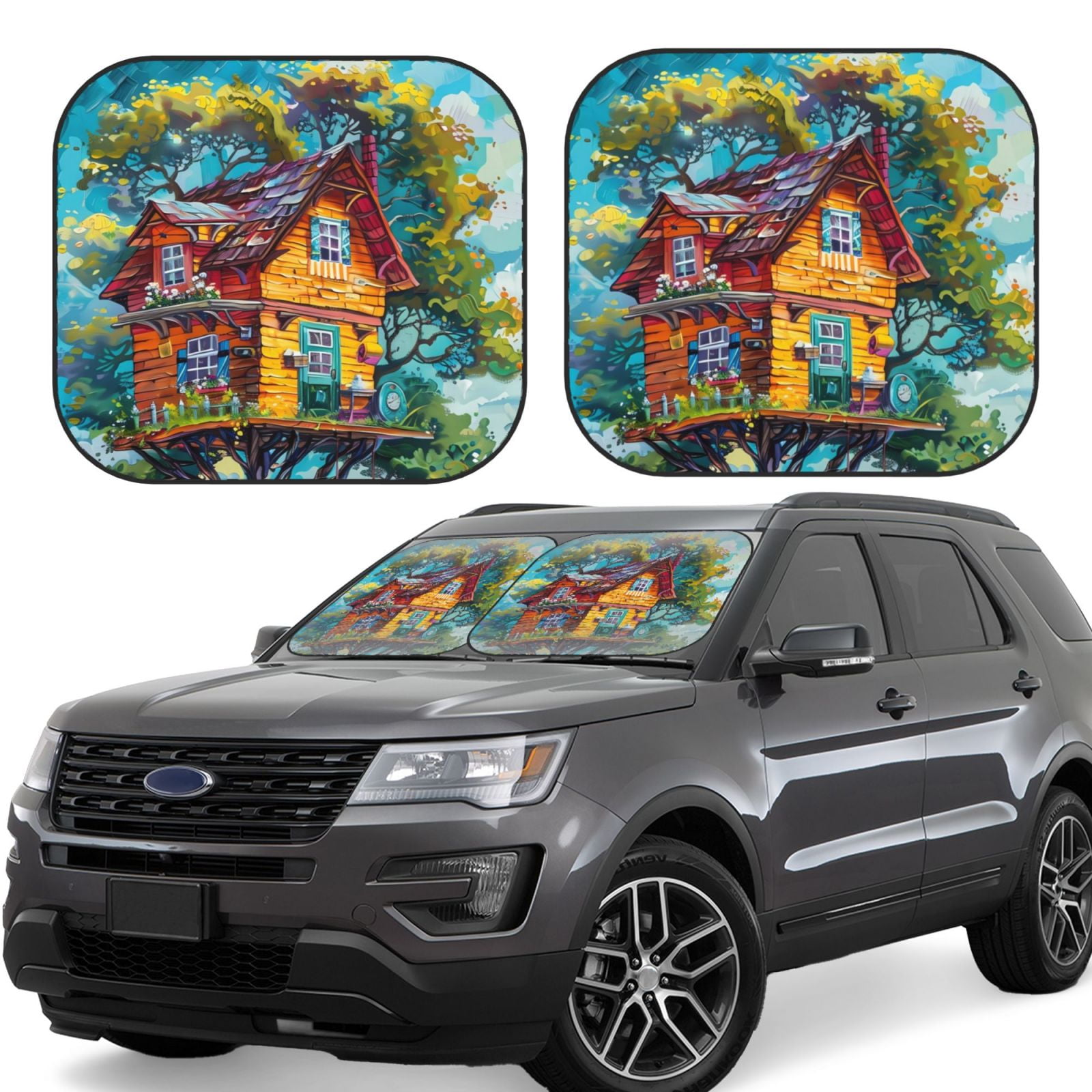 Car Windshield Sun Shade Foldable, Whimsical Treehouse Painting 2 Piece ...