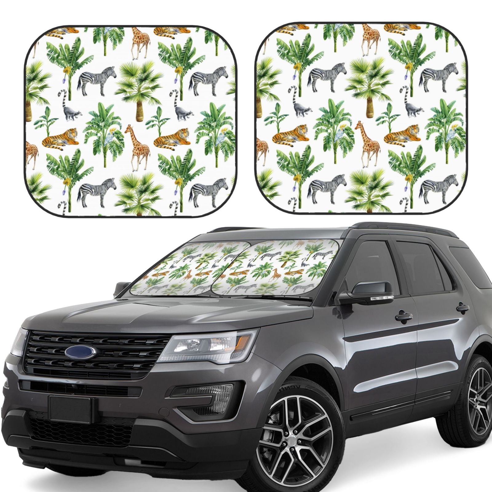 Car Windshield Sun Shade Foldable, zebra tiger Giraffe Tropical palm tree 2 Piece Car Sun Shade ...