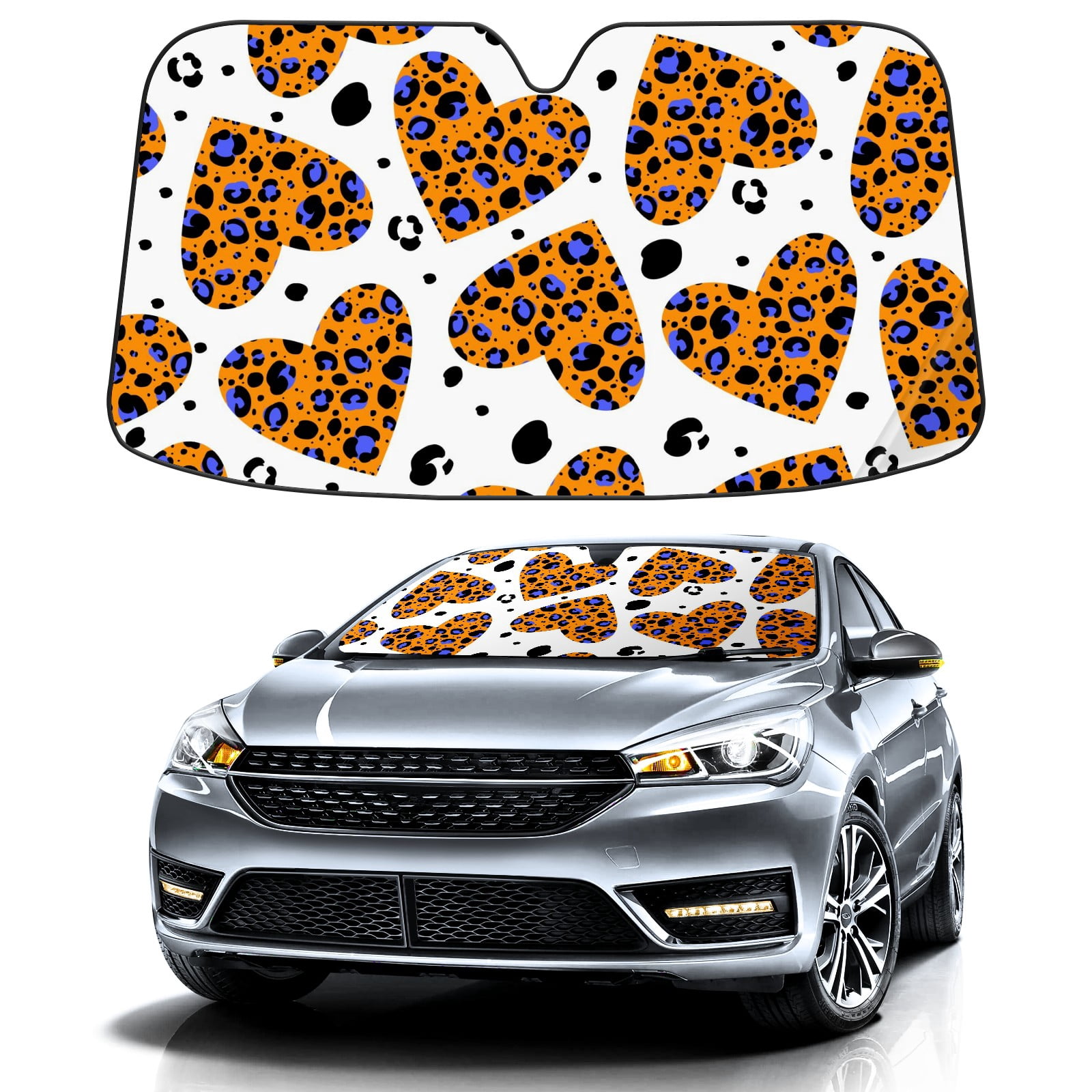 Car Windshield Sun Shade For Front Window Abstract Hearts And Leopard ...