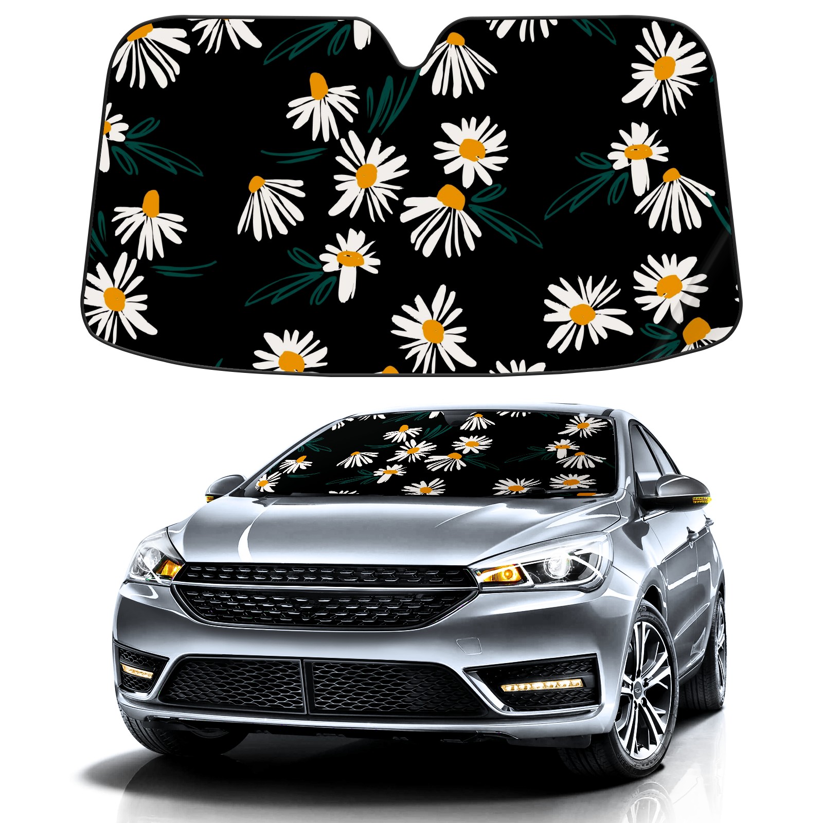 Car Windshield Sun Shade For Front Window Abstract White Daisy Foldable ...