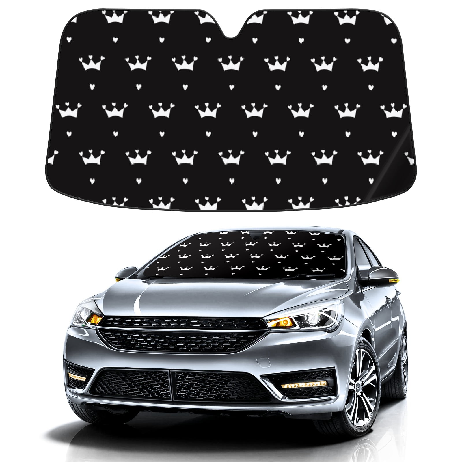 Car Windshield Sun Shade For Front Window Black And White Crown Heart ...