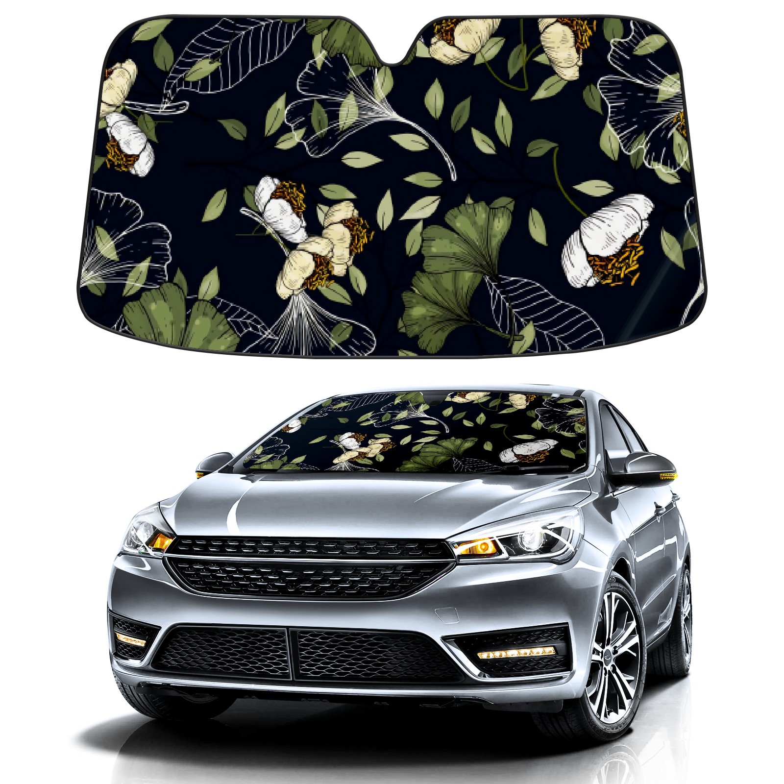 Car Windshield Sun Shade For Front Window Black Ginkgo Biloba Leaves ...