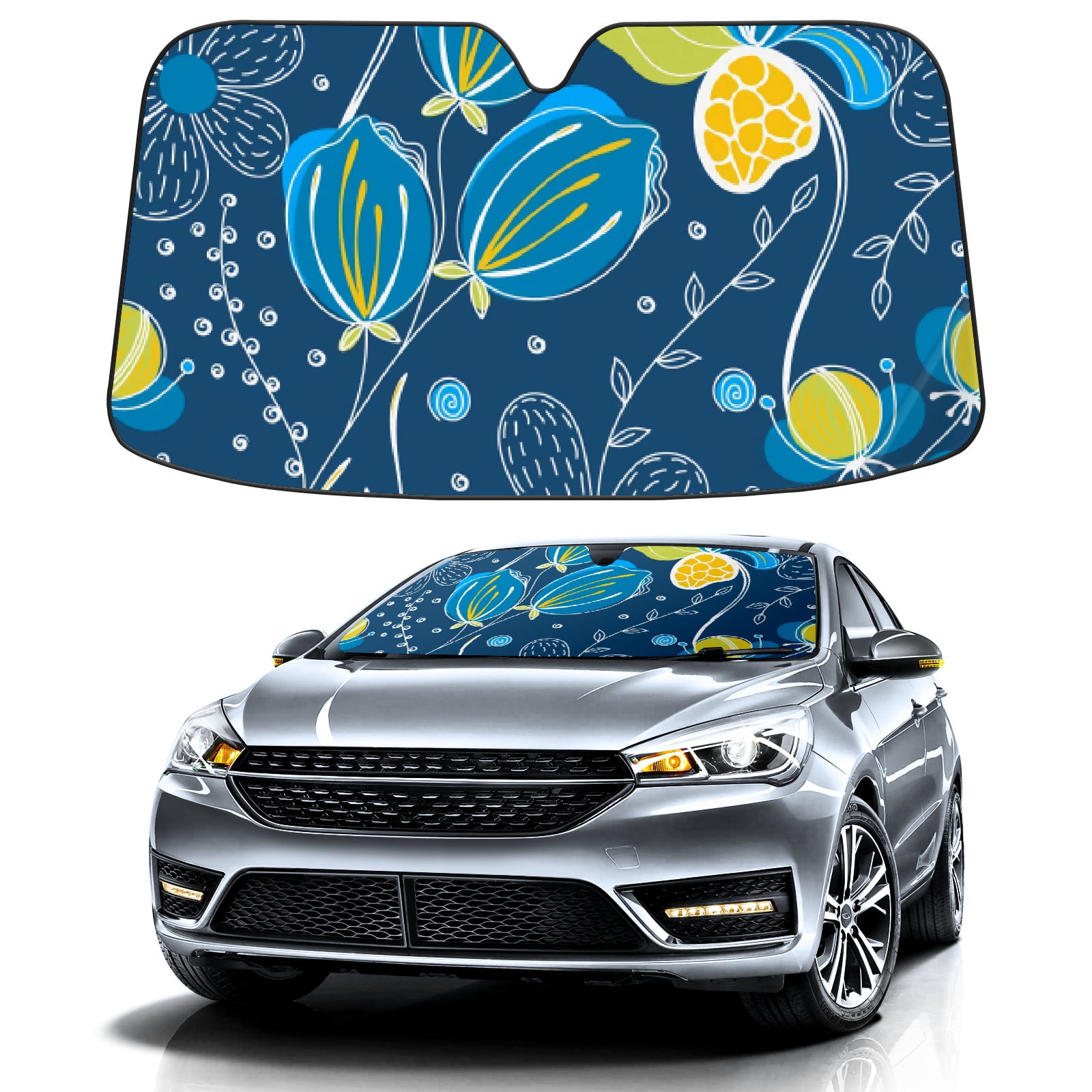Car Windshield Sun Shade For Front Window Blue Flower Blue Foldable ...