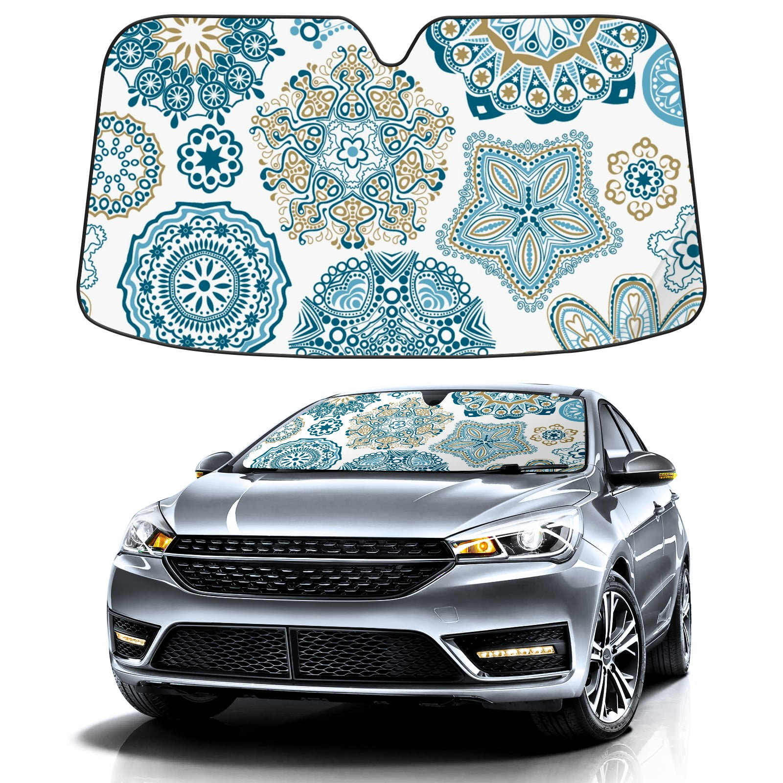 Car Windshield Sun Shade For Front Window Boho Blue Ethnic Flower ...