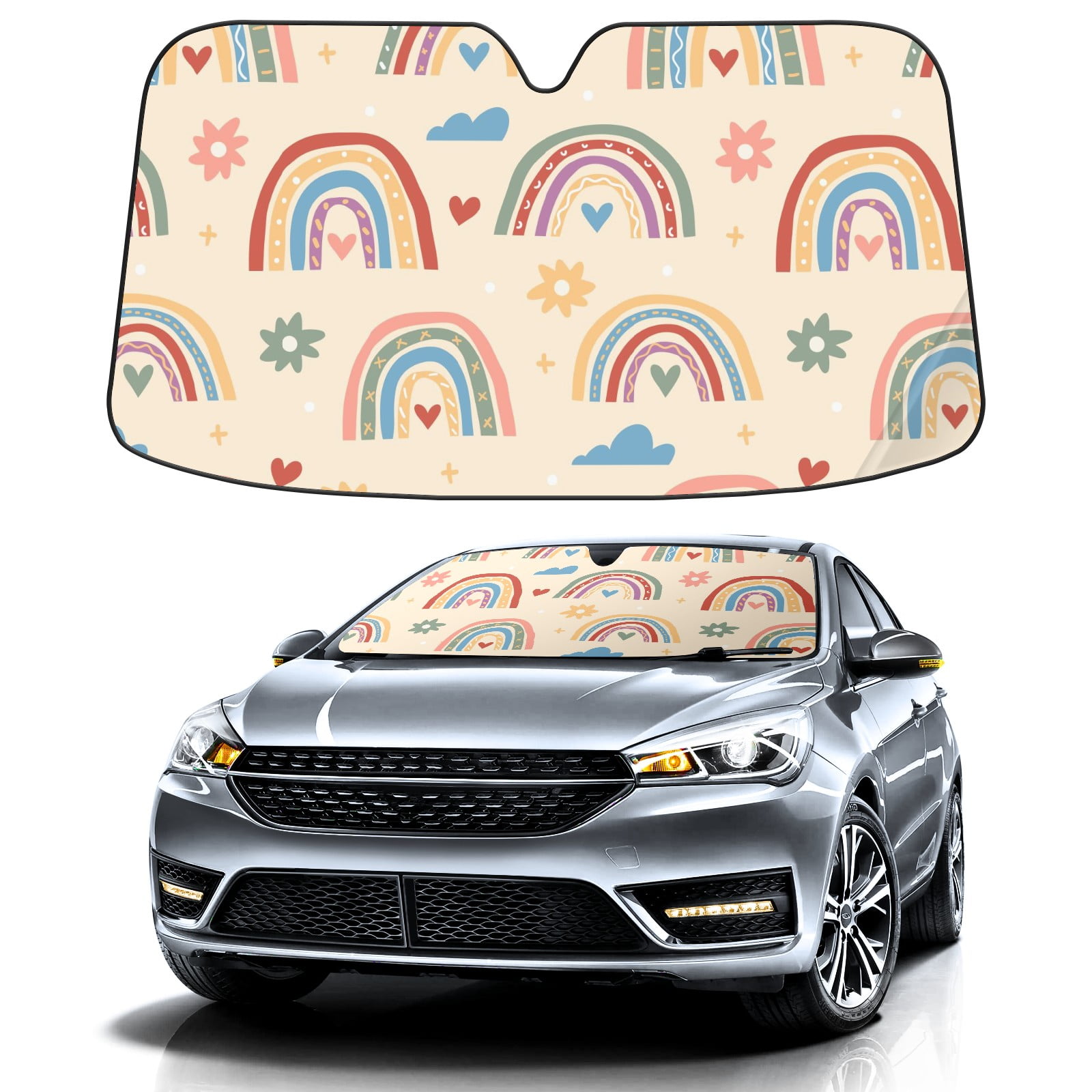 Car Windshield Sun Shade For Front Window Boho Rainbow Cloud Heart ...