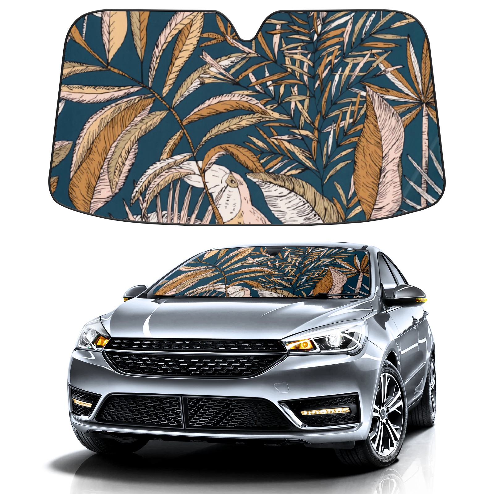 Car Windshield Sun Shade For Front Window Botanical Fields In Dark Blue Foldable Vehicle ...