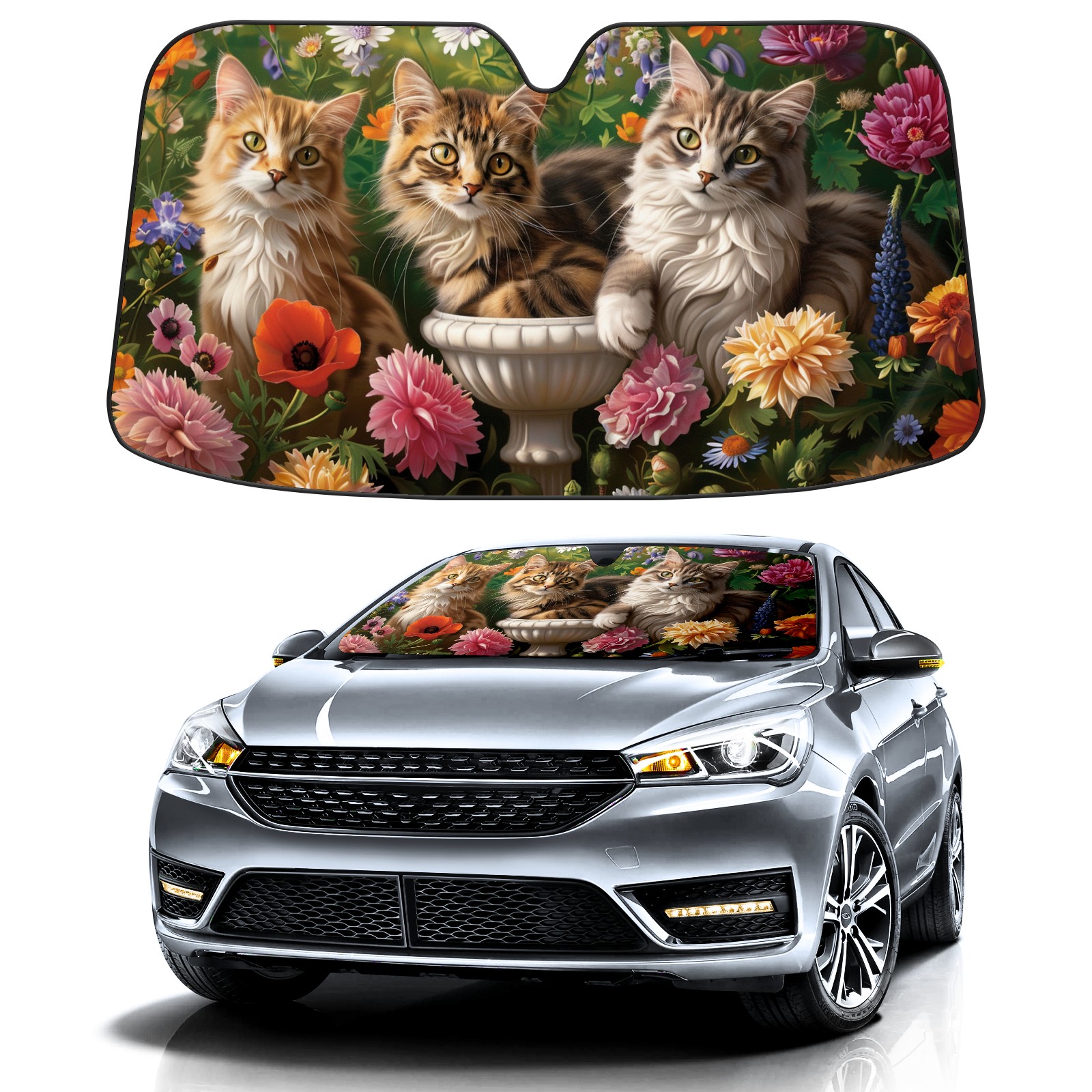 Car Windshield Sun Shade For Front Window Cat Flower Foldable Vehicle ...