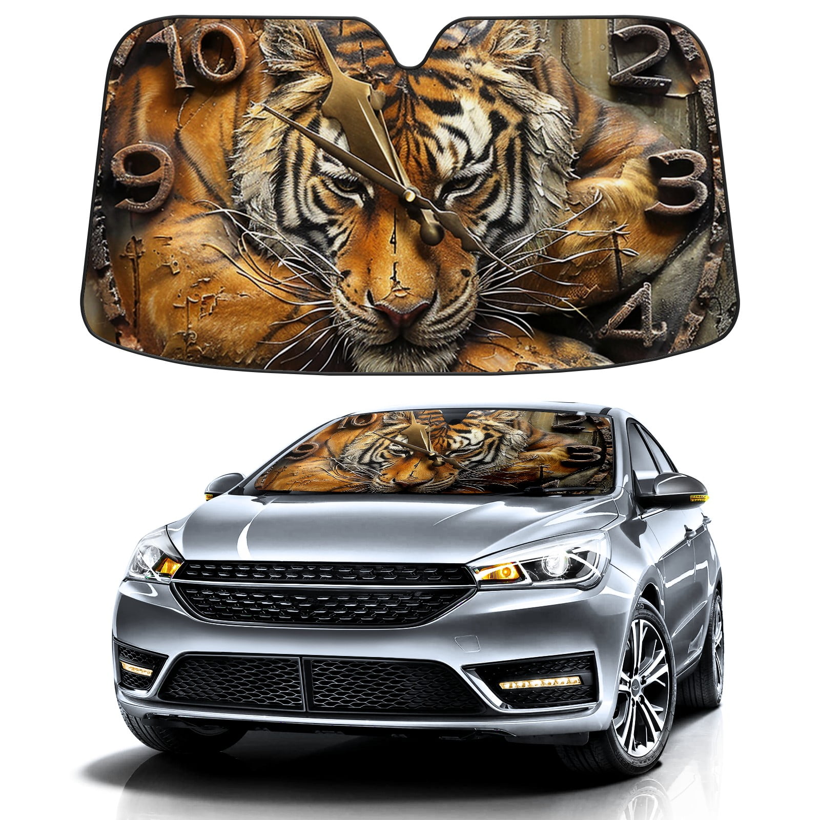 Car Windshield Sun Shade For Front Window Clock With Tiger (2) Foldable ...
