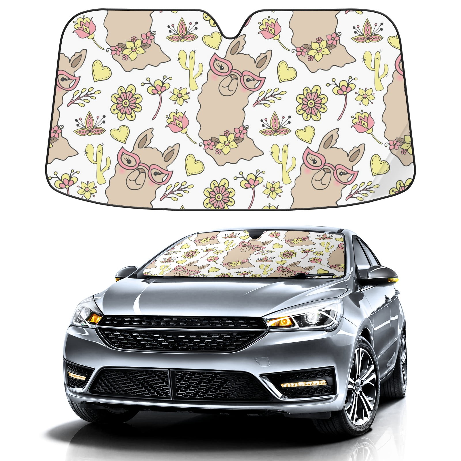 Car Windshield Sun Shade For Front Window Cute Alpaca Flower Foldable ...