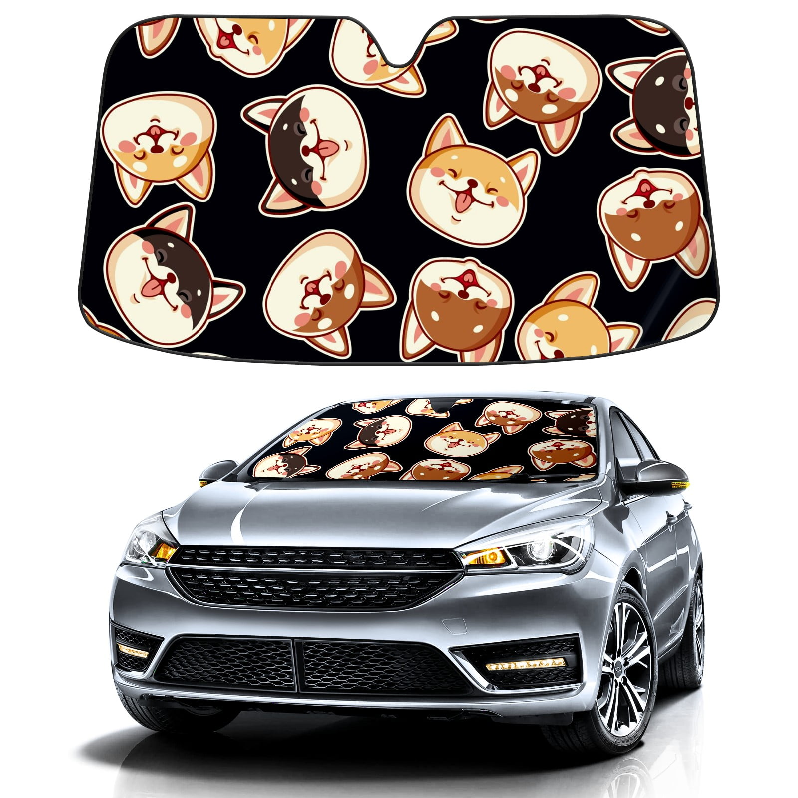 Car Windshield Sun Shade For Front Window Cute Shiba Inu Dog On Black ...