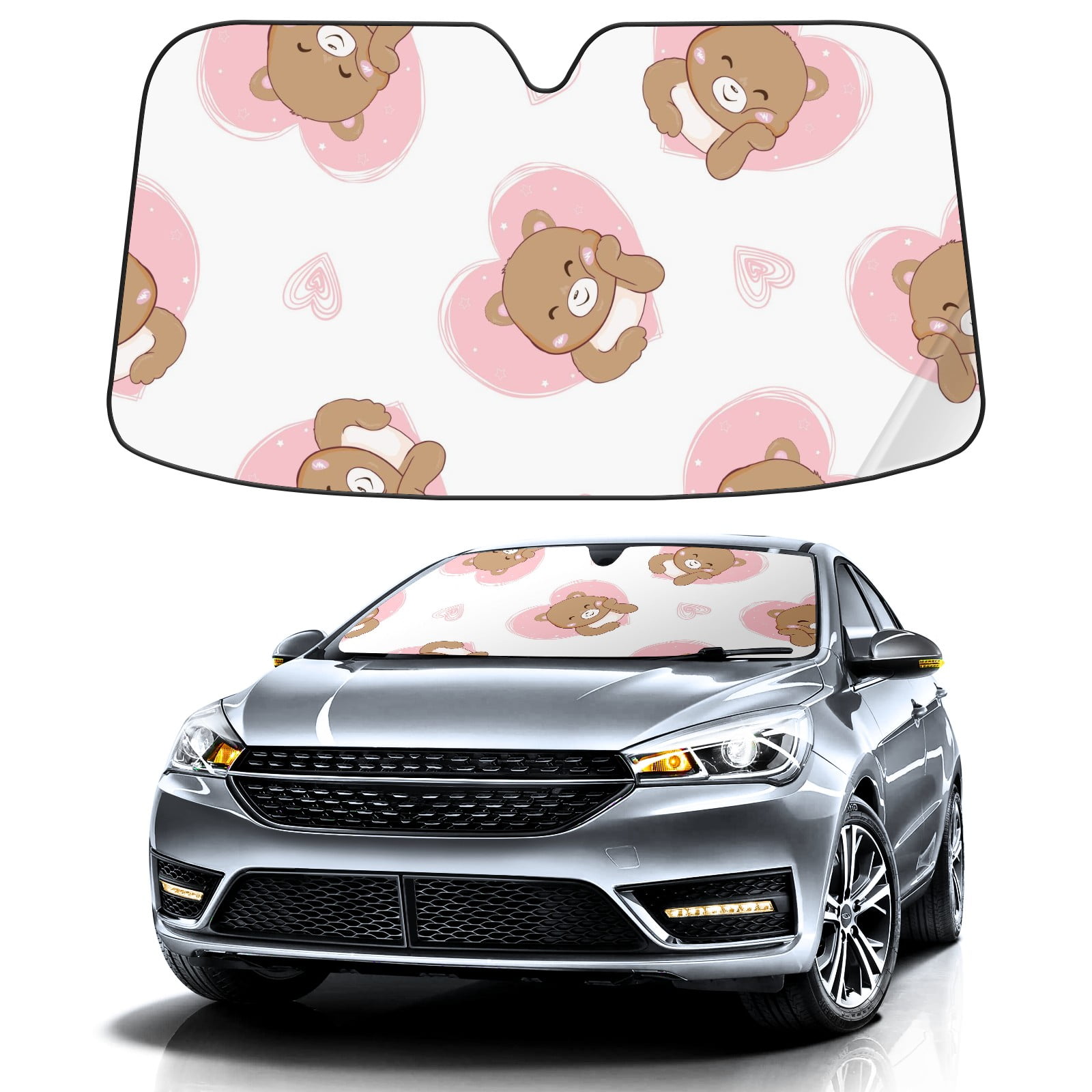 Car Windshield Sun Shade For Front Window Cute Teddy Bear Love Heart Foldable Vehicle Windshield ...