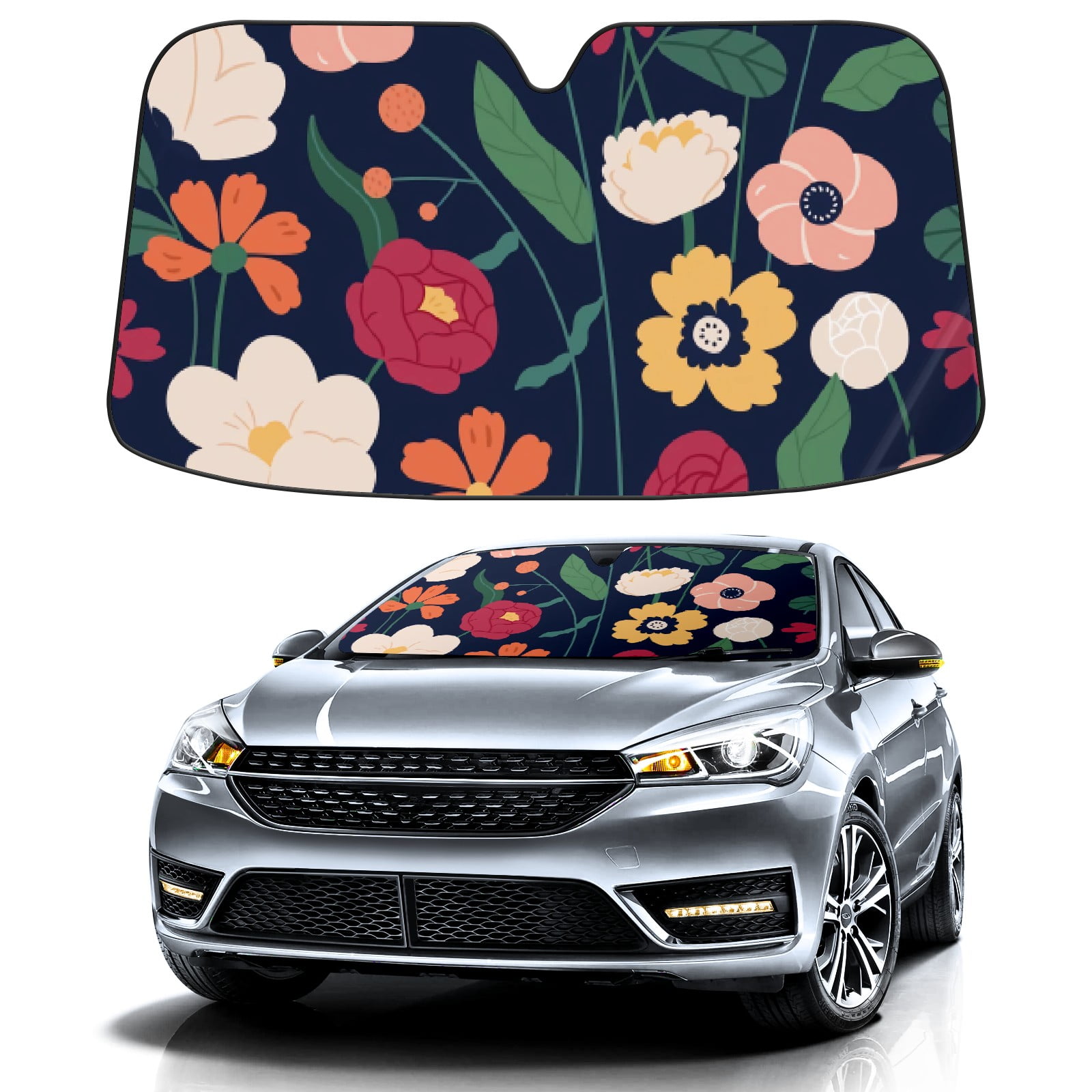Car Windshield Sun Shade For Front Window Dark Blue Cartoon Petals ...