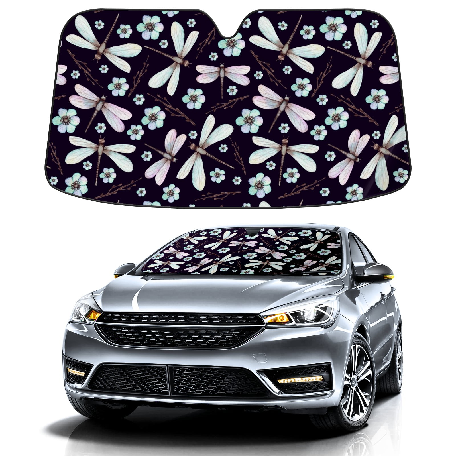 Car Windshield Sun Shade For Front Window Dragonfly And Blue Flowers On ...