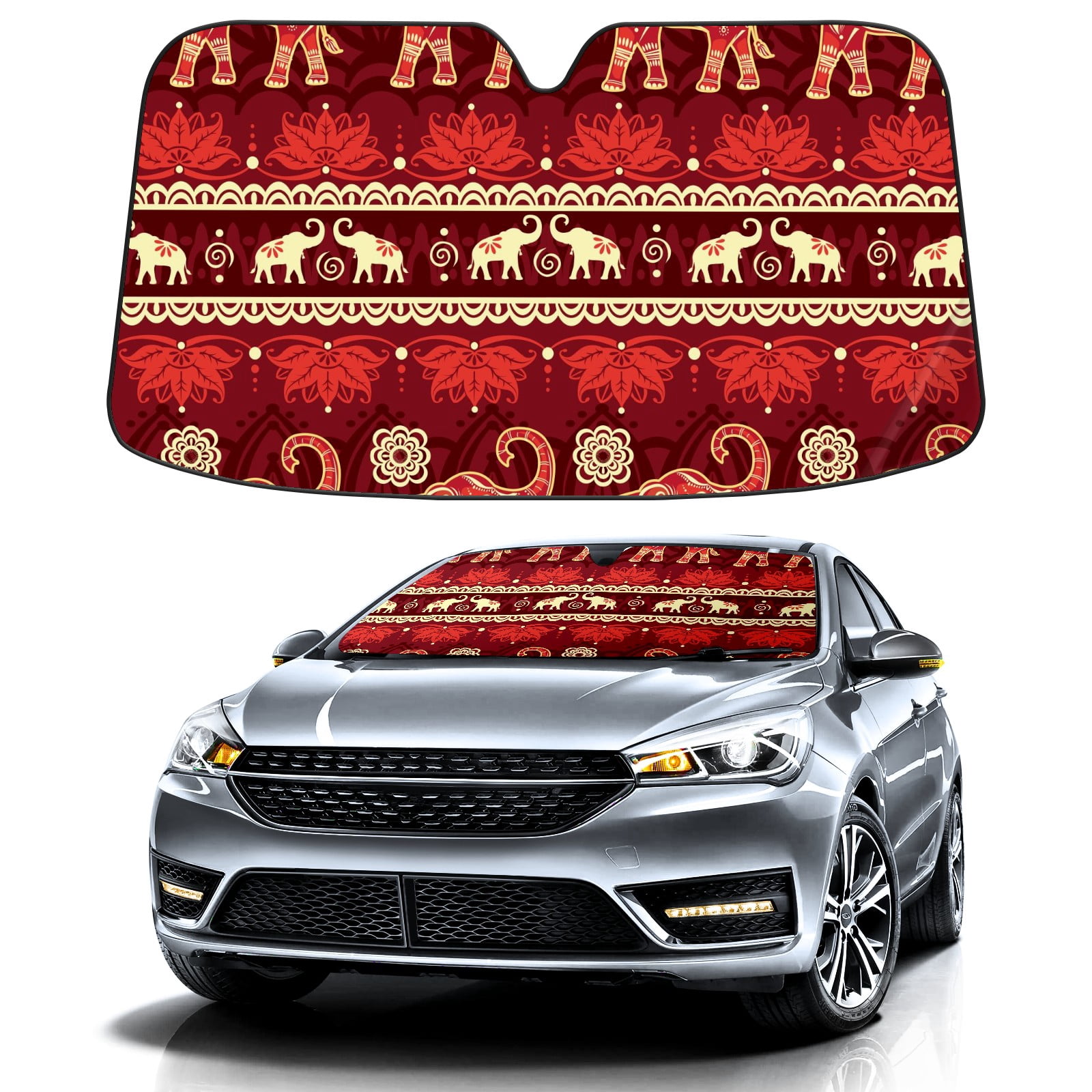 Car Windshield Sun Shade For Front Window Elephant Ethnic Flower ...