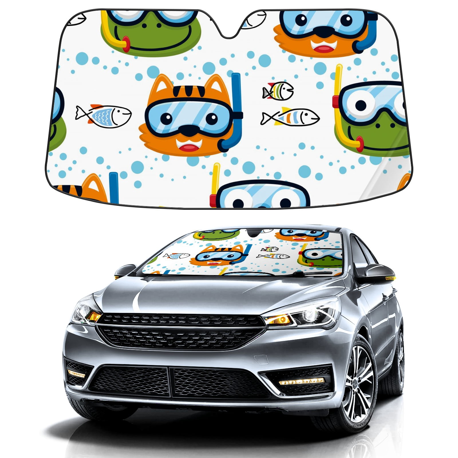 Car Windshield Sun Shade For Front Window Funny Cat Frog Fish Foldable ...