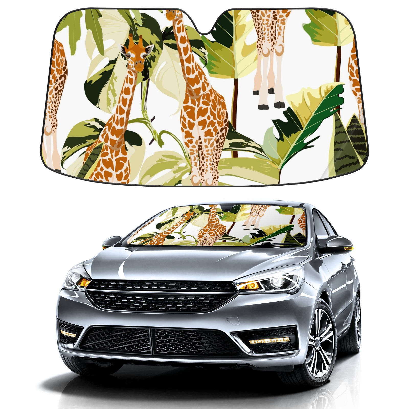 Car Windshield Sun Shade For Front Window Giraffe Tropical Green Leaves ...