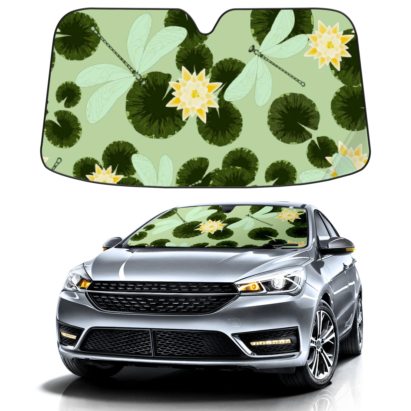 Car Windshield Sun Shade For Front Window Green Lotus Leaf Dragonfly ...