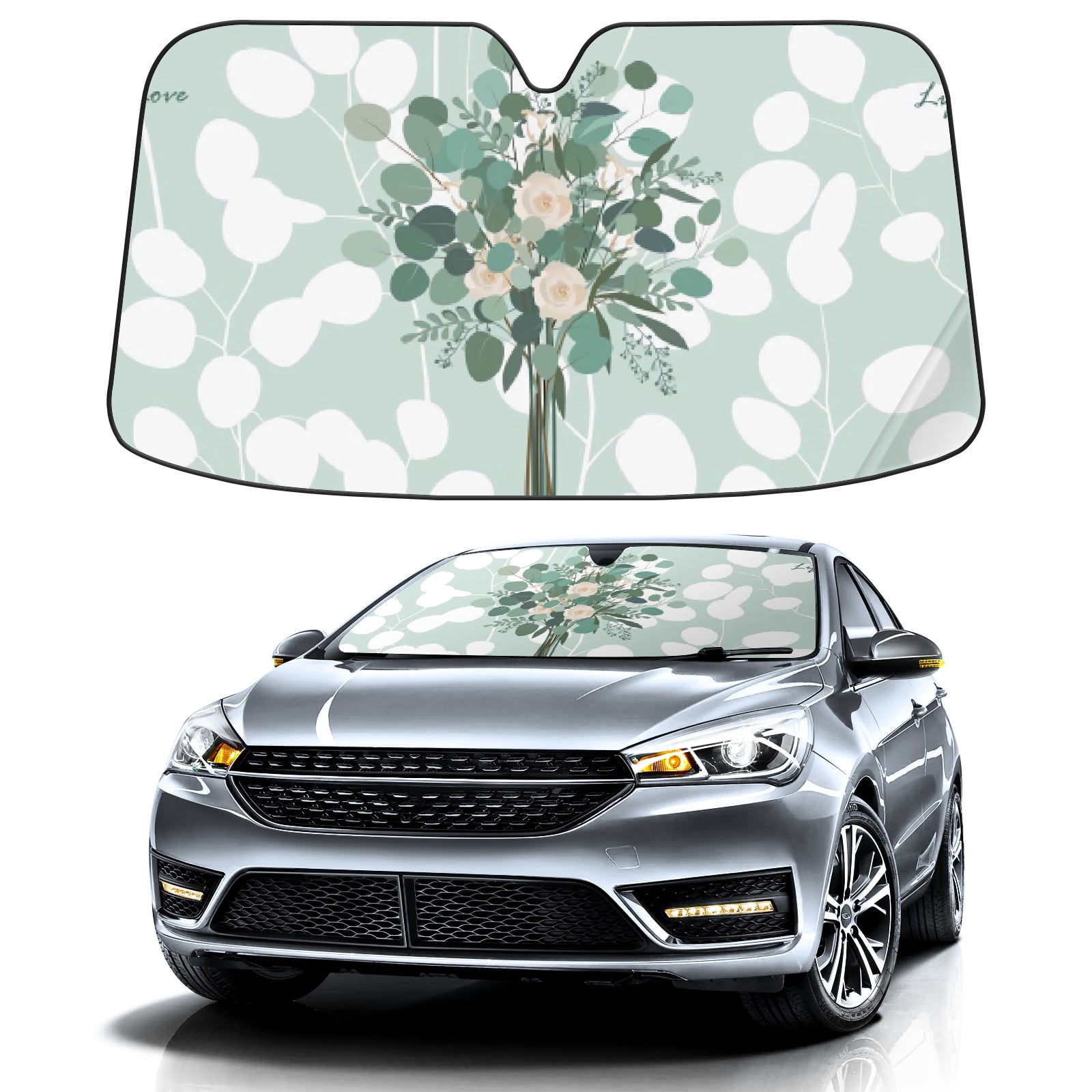 Car Windshield Sun Shade For Front Window Green White Bouquet Foldable ...